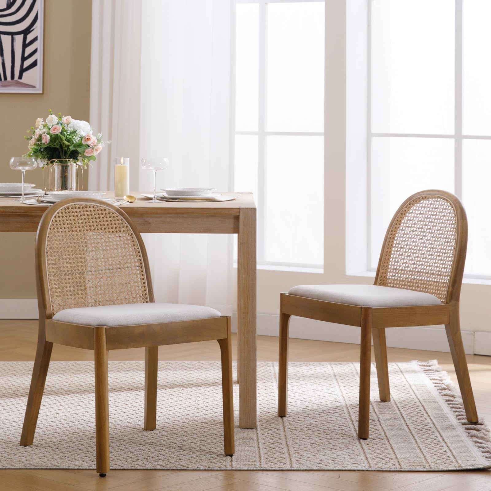 Ya-Home Mid Century Dining Chairs Set of 2, Accent Rattan Linen Fabric Side Chairs Kitchen Chair with Solid Wooden Legs for Living Room Dining Room, Beige