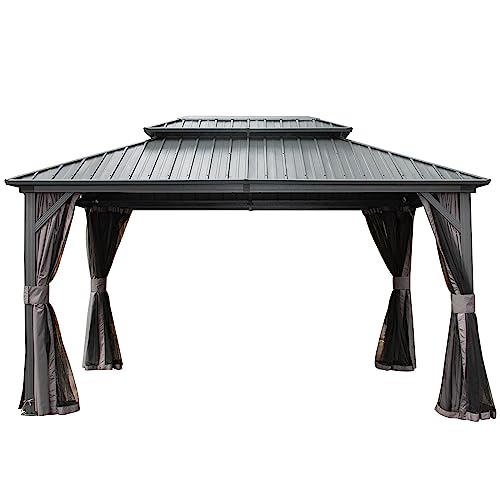 Goohome Hardtop Gazebo 10 x12FT, Aluminum Frame Double Roof Gazebo with Mosquito Net and Curtains, Steel Hard Top Waterproof Pergola for Shade and Rain for Lawn, Backyard, Deck, Patio