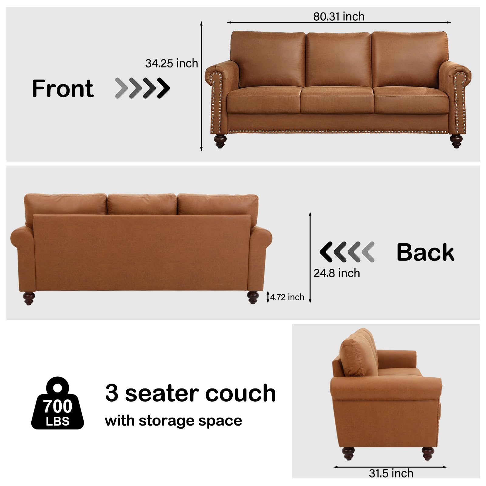 80'' Brown Leather Sofa Couch with Nailhead Trim, Mid Century Modern 3 Seater Couch Comfy Sofa Loveseat Love Seat with Extra Deep Seat and Rolled Arm Couches for Living Room, Bedroom, Office