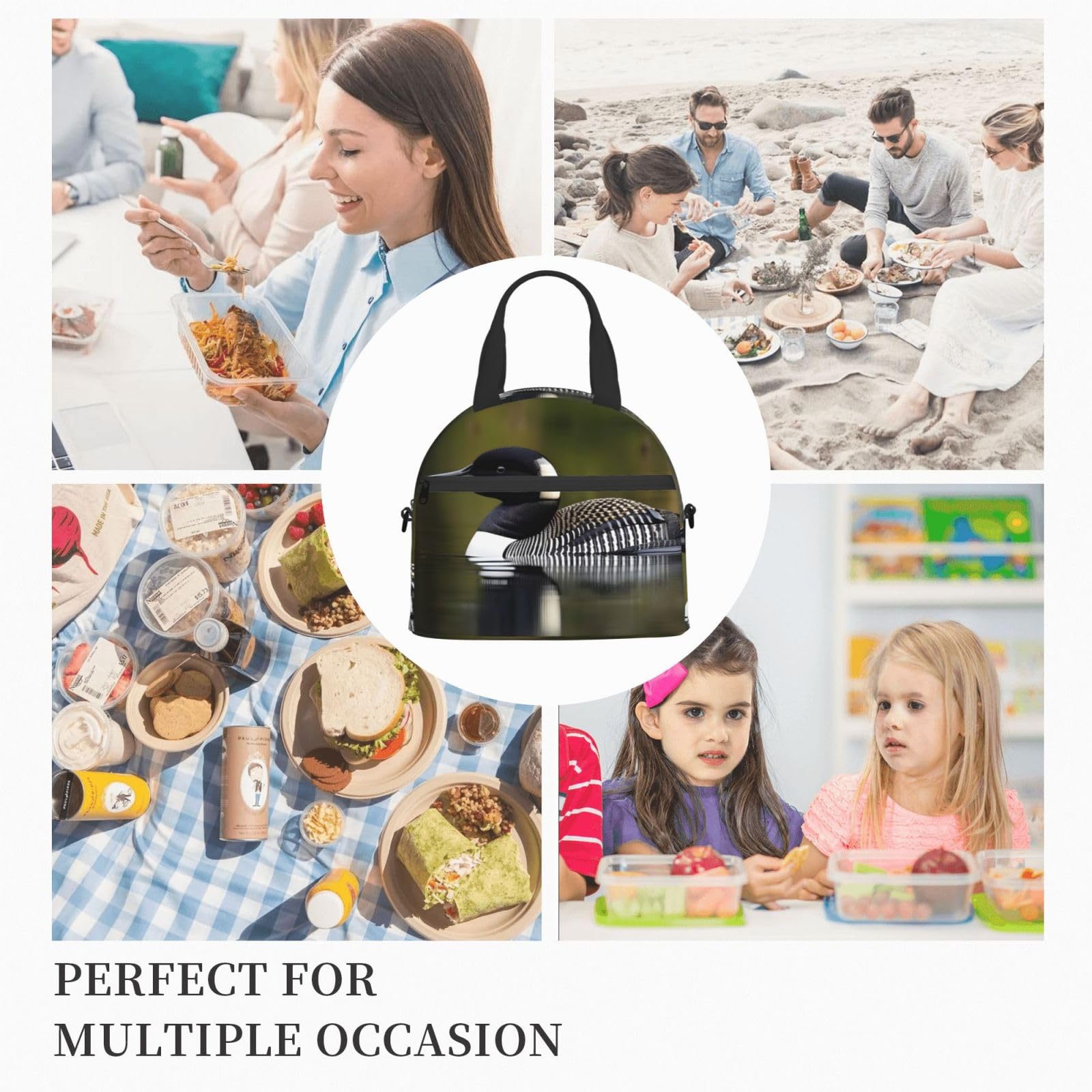 Lunch Bag,Tote Bag For Women & Men Adjustable Shoulder Strap,Leak Proof For Office Work,Picnic,Loon Nature Bird Print
