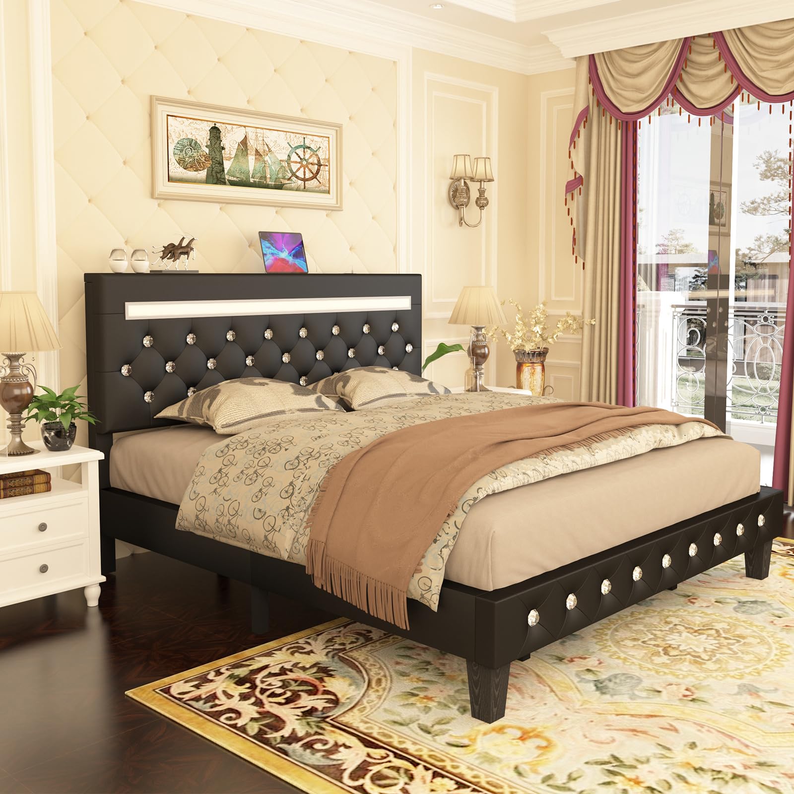 Kallabe Bed Frame Queen Size with Headboard, LED Leather Bed Frame Queen, Upholstered Platform Bed with USB Ports & Socket, APP Control, No Box Spring Needed, Black, TMY-US1015815-5