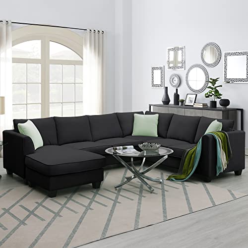 FIQHOME 7-Seat Reversible Chaise, L Shaped Ottoman, Living Room, Modular Sectional Fabric Sofa Corner Couch Set with 3 Pillows, Black
