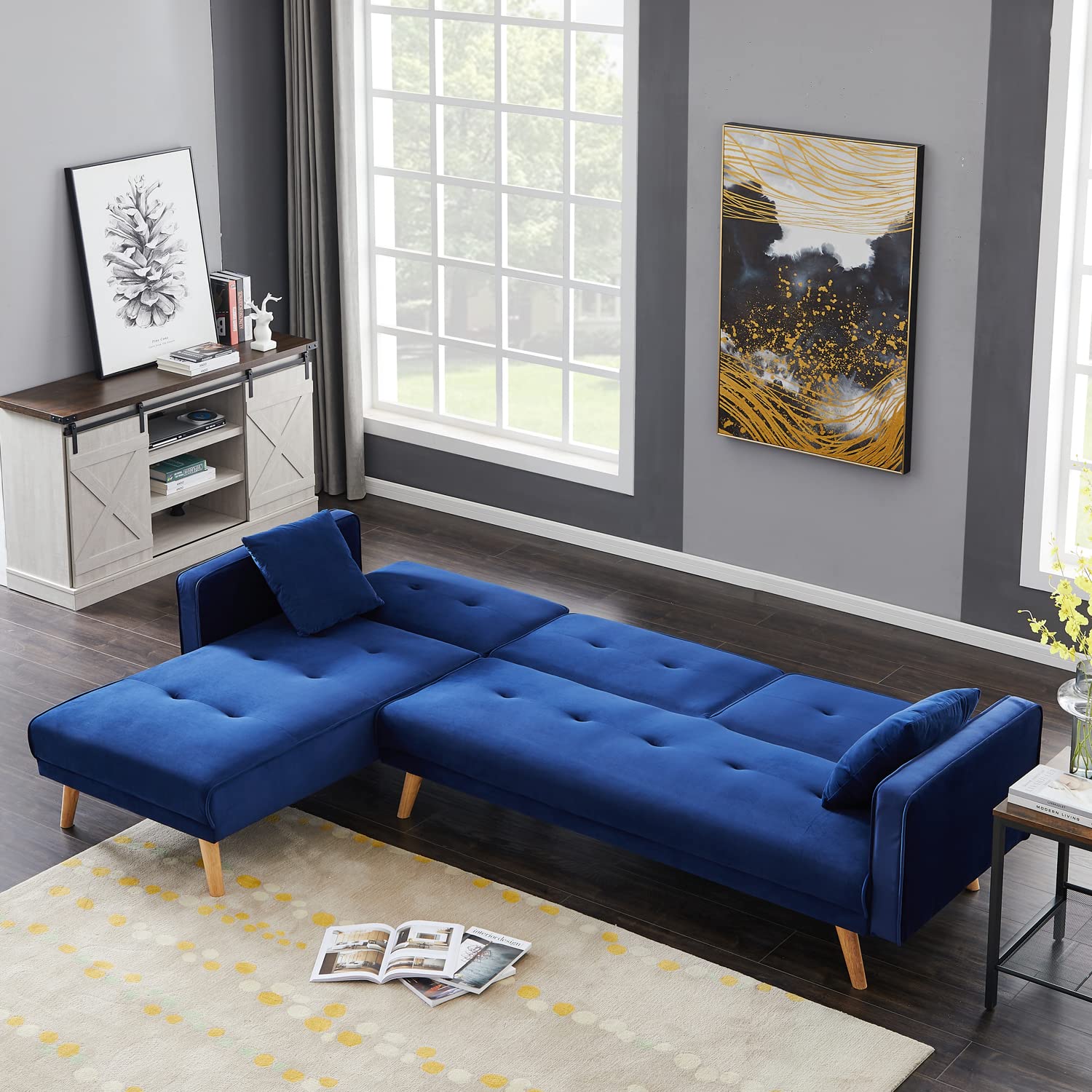 Eafurn L-Shaped Convertible Sectional Chaise Lounge and Adjustable Spilt Backrest,3 Seater Soft Velvet Sleeper Bed with Wooden Legs,Tufted Corner Sofa & Couch with Throw Pillows, Blue Left Hand Facing