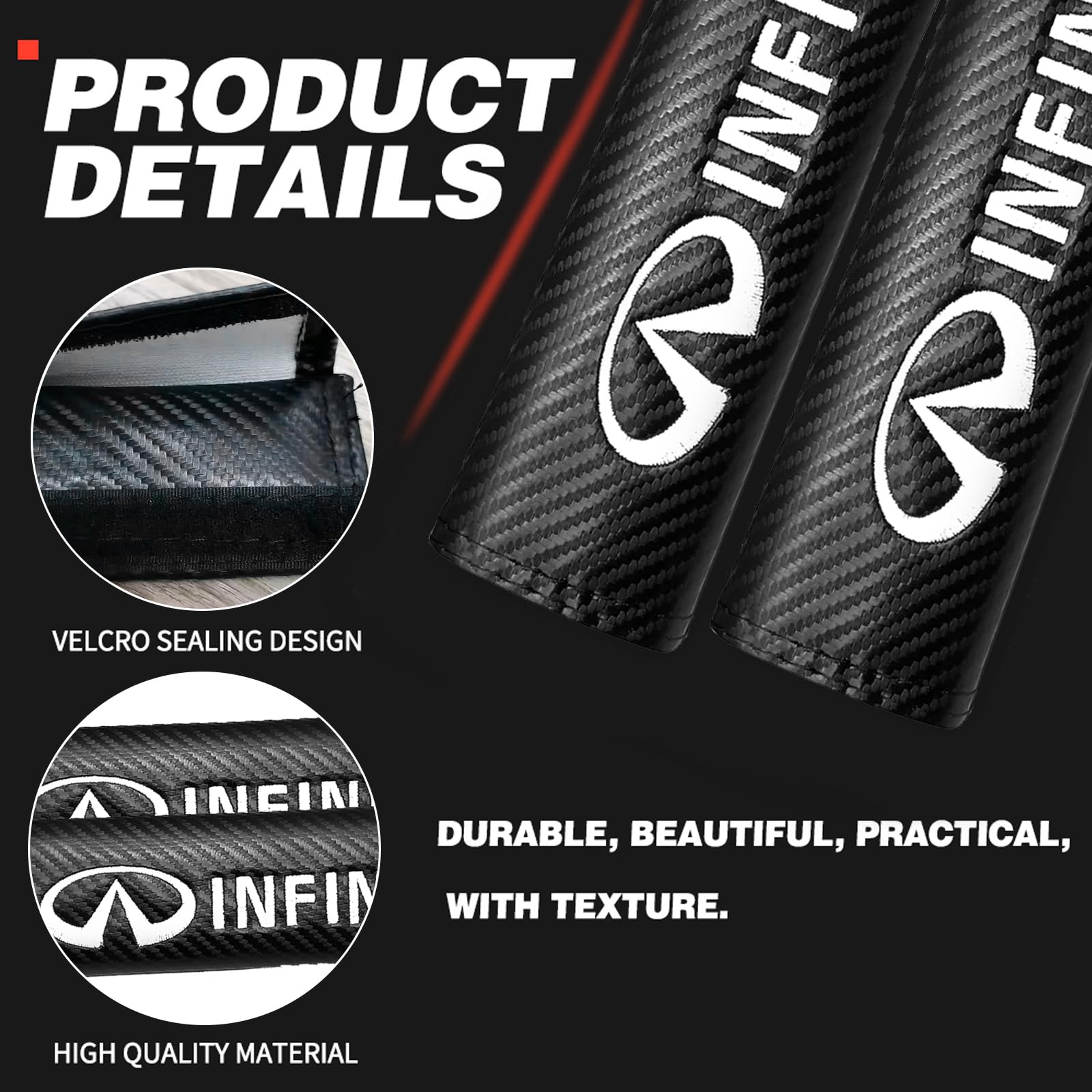 2 Pack Car Seat Belt Pads Cover Comfortable Driving, Carbon Fiber Seat Belt Shoulder Strap Covers Harness Pad for Infiniti Interior Accessories, Compatible with Adults Youth Kid Black