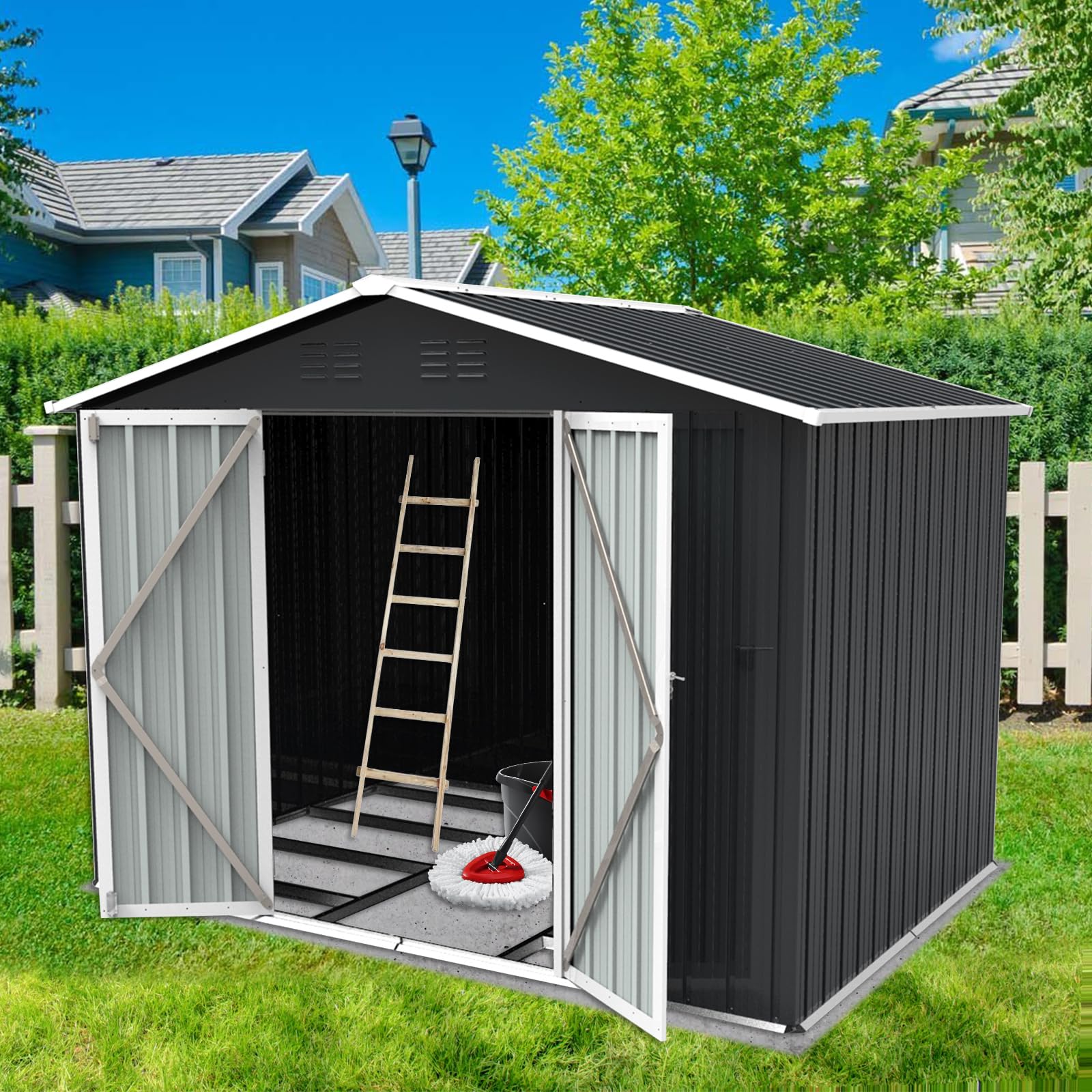 Zevemomo 8 x 6 ft Outdoor Storage Shed, All Weather Metal Shed with Metal Foundation & 2 Lockable Doors, Tool Shed Outdoor Storage for Garden, Patio, Backyard, Lawn, Black