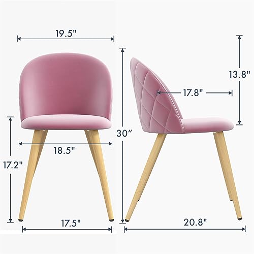 Fangflower Pink Velvet Dining Chairs Set of 2 with Wooden-Like Legs, Upholstered Side Vanity Armless Seat for Living, Makeup Room, Bedrooms, Kitchen, Standard