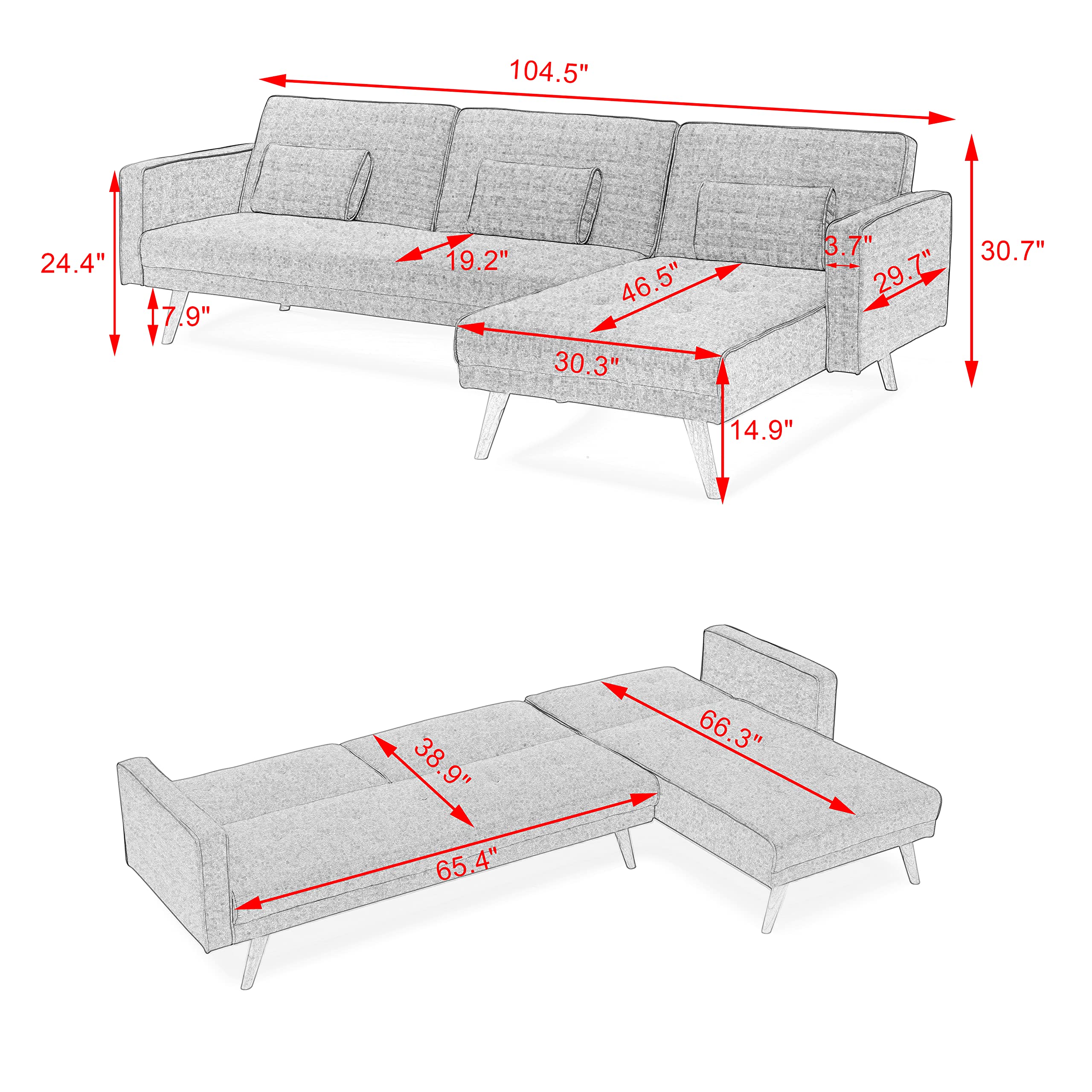 Eafurn L-Shaped Convertible Sectional Sofa with Chaise Lounge and Adjustable Spilt Backrest,3 Seater Soft Velvet Sleeper Couch Bed with Wooden Legs,Tufted Corner Sofa & Couch with Throw Pillows