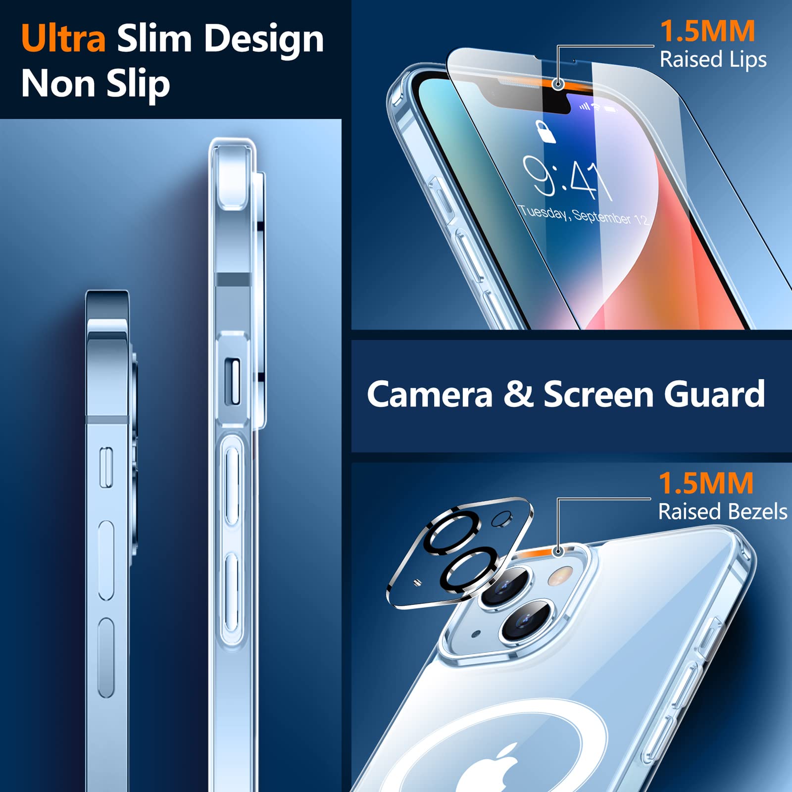 SPIDERCASE for iPhone 14 Case/iPhone 15 Case, [15 FT Military Grade Drop Protection] Magnetic [Crystal Clear] 2 Pack [Tempered Glass Screen Protectors+Camera Lens Protectors] Slim Case, Clear