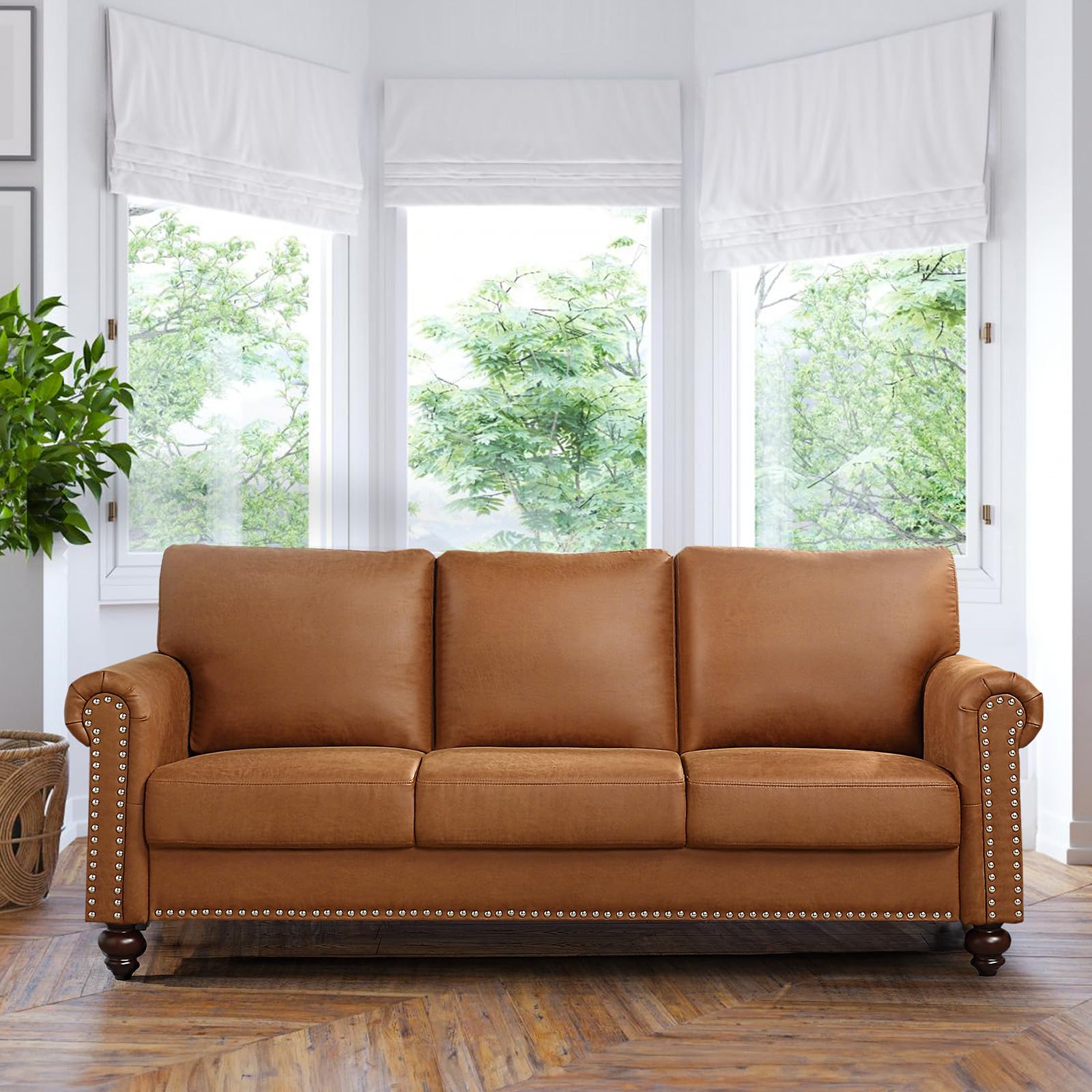 80'' Brown Leather Sofa Couch with Nailhead Trim, Mid Century Modern 3 Seater Couch Comfy Sofa Loveseat Love Seat with Extra Deep Seat and Rolled Arm Couches for Living Room, Bedroom, Office