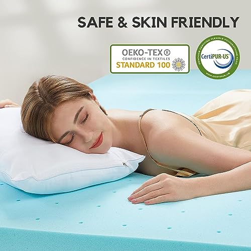 Marsail 3 Inch Memory Foam Mattress Topper, Cooling Gel Ventilated Design, Bed Topper with CertiPUR-US Certified, Queen, Blue