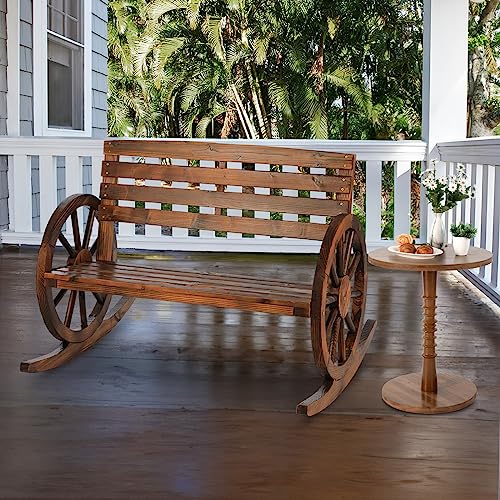 FURNDOOR Outdoor Rocking Chair with Table - Wooden Wagon Wheel Rocking Chairs Patio Double Rocker Chair Wood Patio Bistro Set for Porch Bench, Rustic