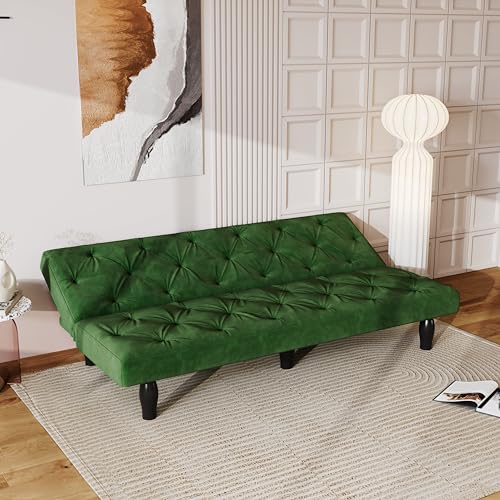 Livavege Convertible Futon Sofa Bed, 66" Velvet Upholstered Sleeper Couch Daybed with Adjustable Backrest for Studio, Apartment, Office, Small Space, Compact Living Room, 66 INCH, Green