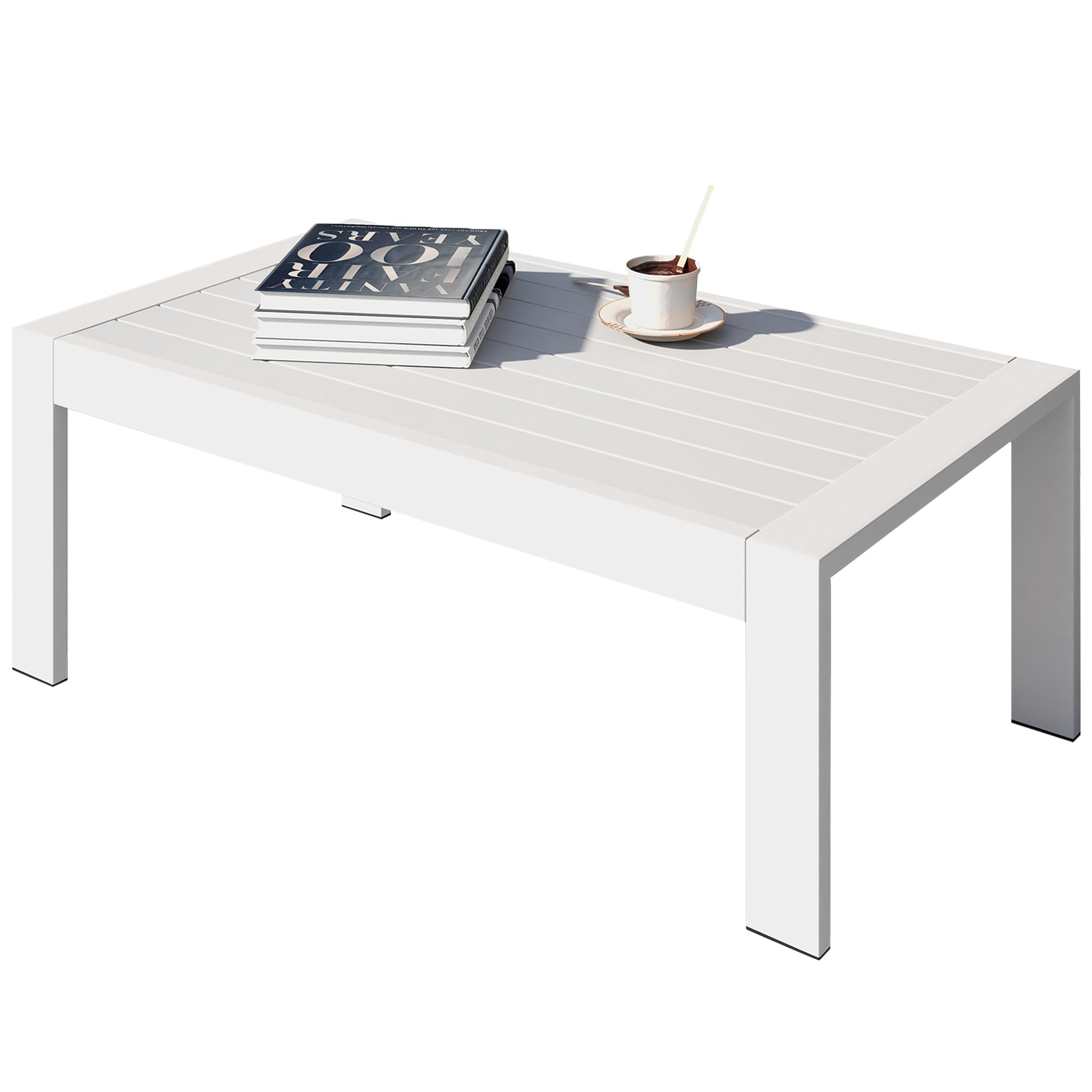 All-Weather Aluminum Outdoor Coffee Table, Modern Coffee Table for Outside, Rectangle Patio Coffee Table for Balcony Garden, Light Grey