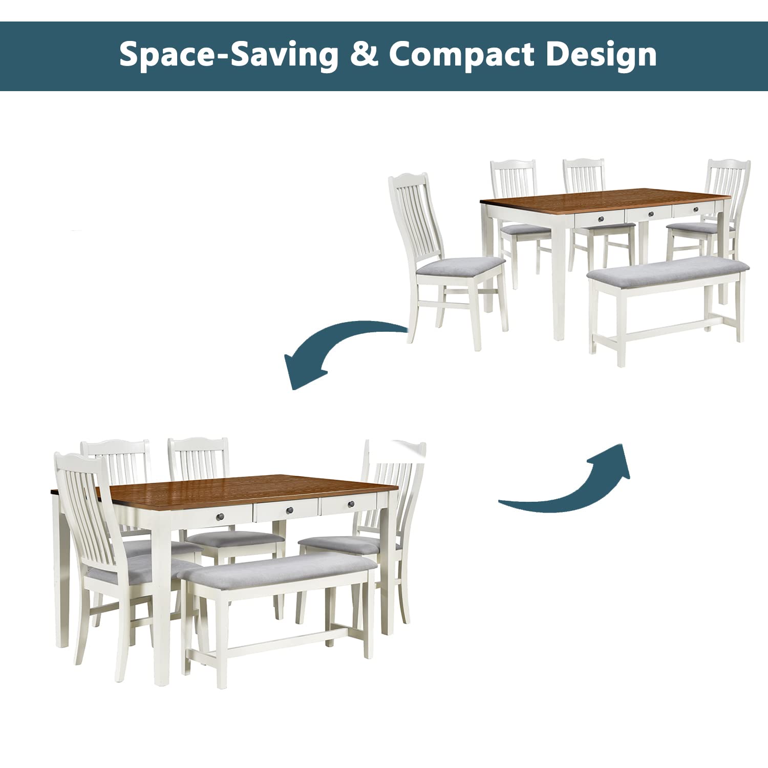 Bellemave Dining Table Set for 6 Kitchen Table with Bench and Chairs Farmhouse Wood Dining Room Table Set with Storage Drawer 6 Piece Dinner Table Set, Butter Milk