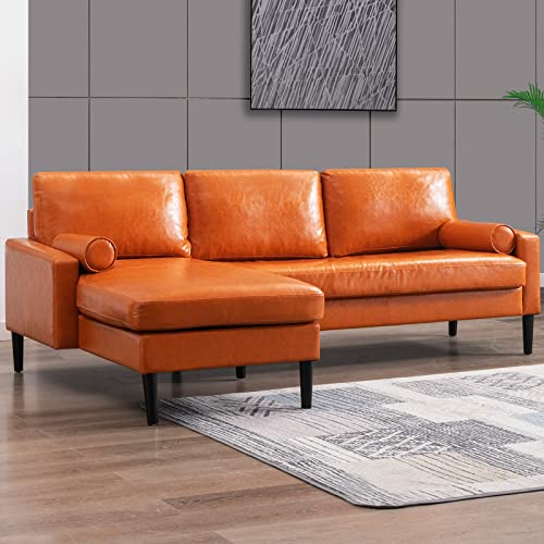 BALUS Faux Leather Sofa Couch | L Shaped Mid-Century Couch with Bolster Pillows | Chaise Lounge Indoor | Cognac Tan Sectional Furniture for Living Room Apartment