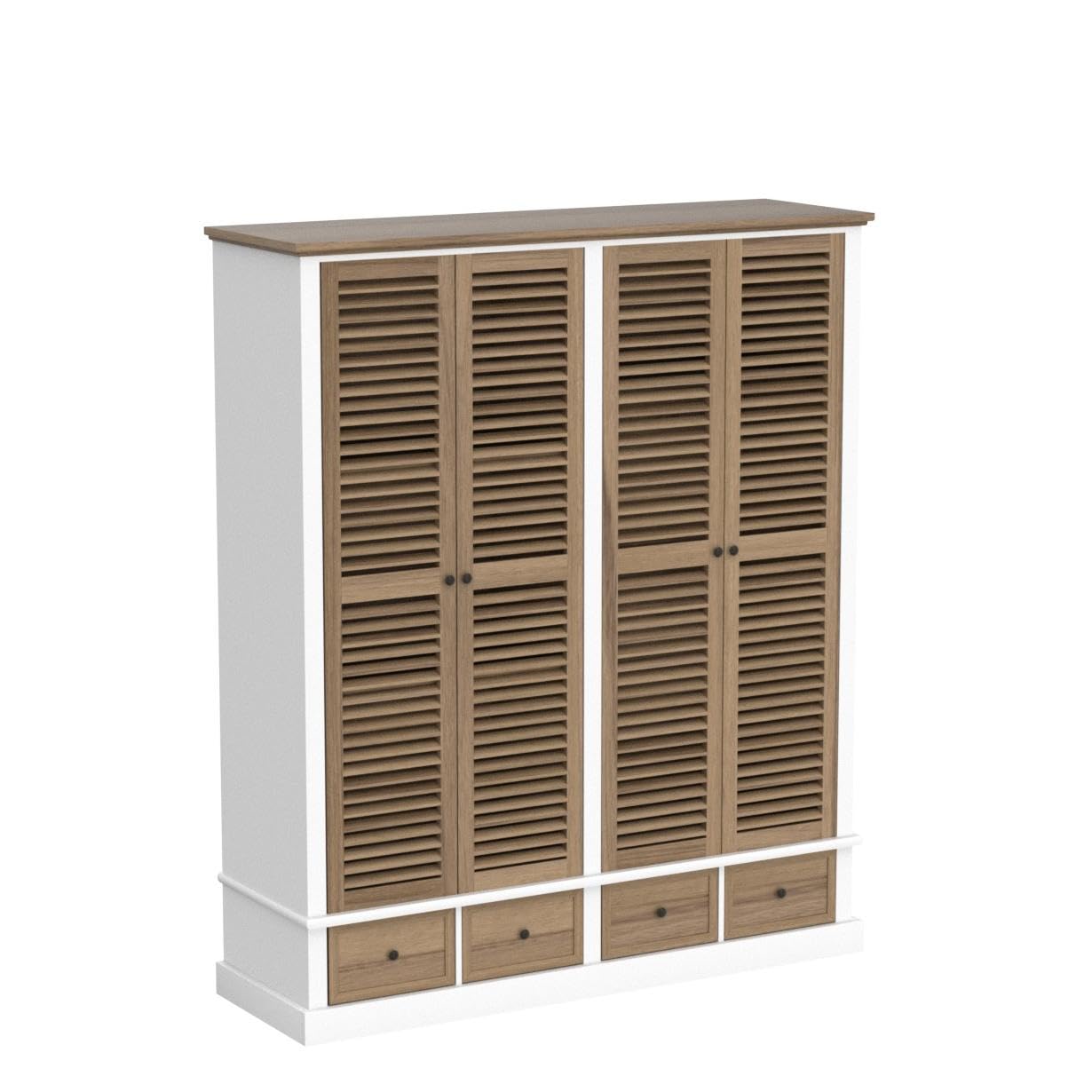 ECACAD 4 Doors Wardrobe Armoire with Louver Doors, Storage Shelves, 4 Drawers & Hanging Rod, Wooden Closet Storage Cabinet for Bedroom, Brown & White (63”W x 19.7”D x 74.8”H)