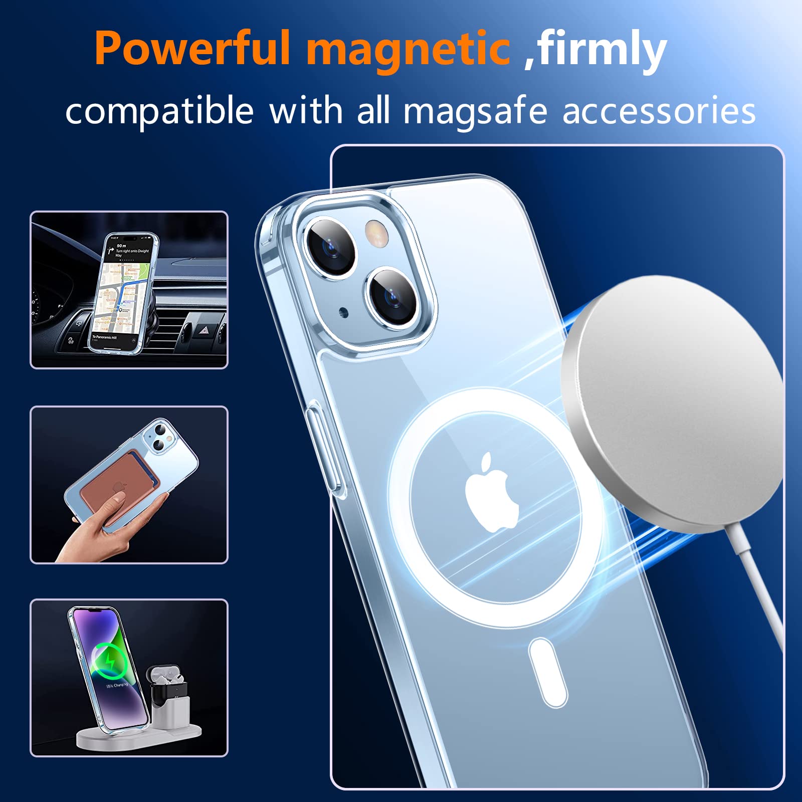 SPIDERCASE for iPhone 14 Case/iPhone 15 Case, [15 FT Military Grade Drop Protection] Magnetic [Crystal Clear] 2 Pack [Tempered Glass Screen Protectors+Camera Lens Protectors] Slim Case, Clear