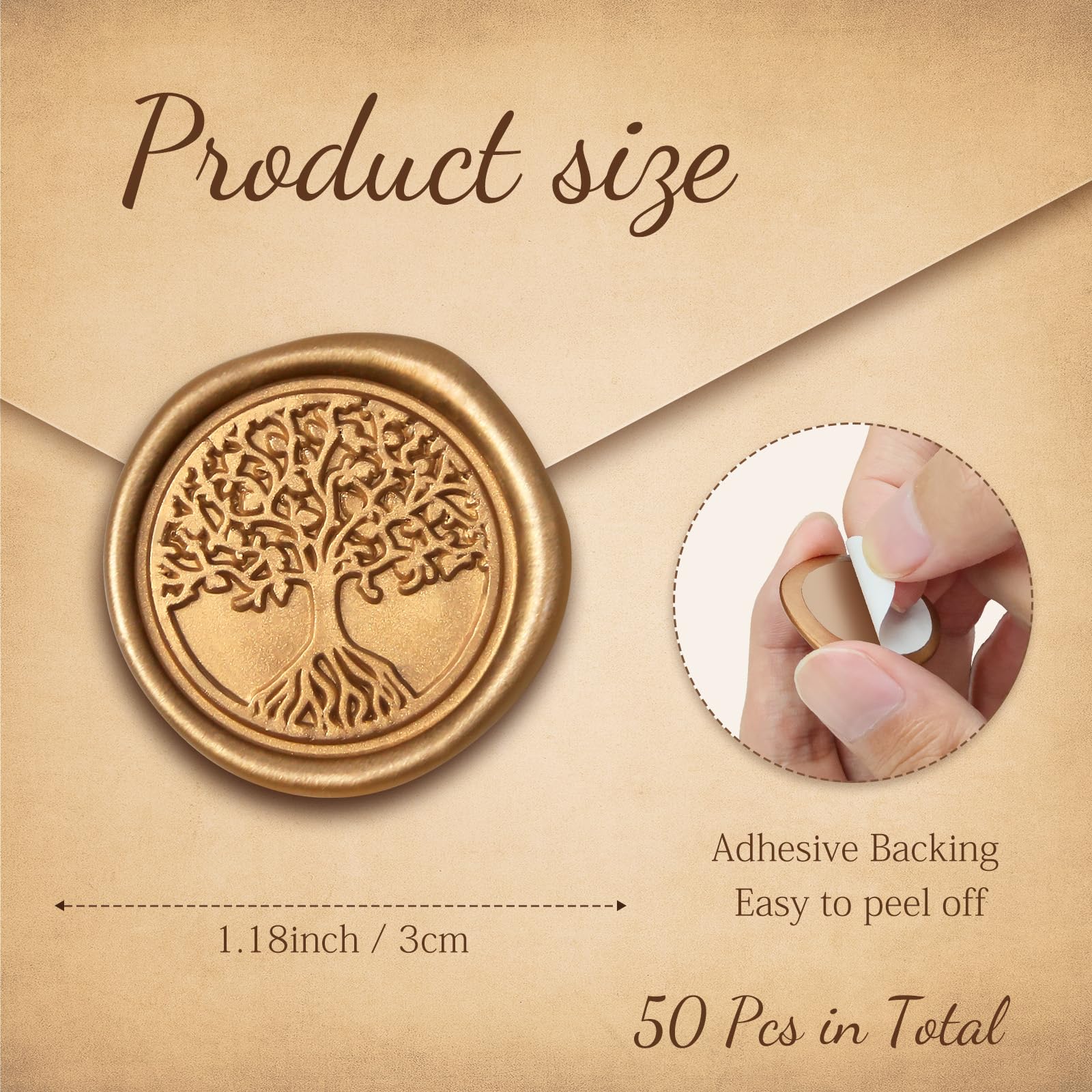 50 Pcs Gold Wax Seal Stickers, Gold Adhesive Envelope Sealing Stickers Decoration for Christmas Gift, Wedding Invitaion, Birthday Party (Life Tree Style)