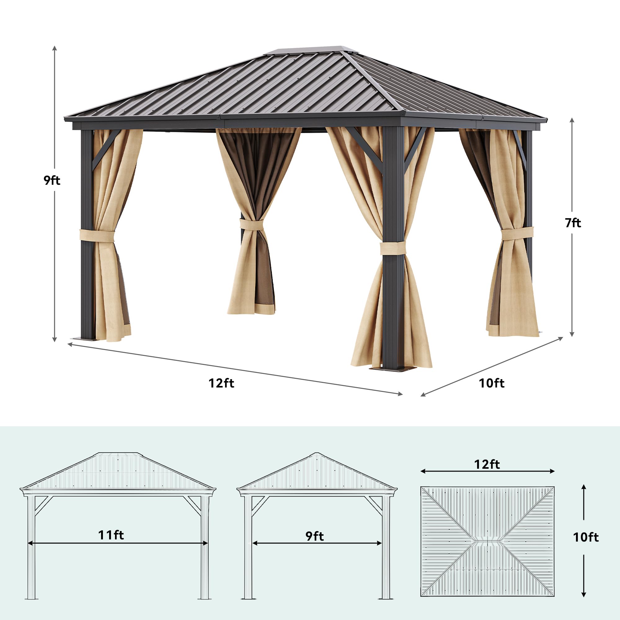 YITAHOME 10x12ft Hardtop Gazebo with Nettings and Curtains, Heavy Duty Galvanized Steel Outdoor Vertical Stripes Roof for Patio, Backyard, Deck, Lawns, Brown