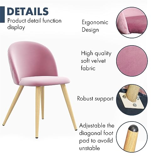Fangflower Pink Velvet Dining Chairs Set of 2 with Wooden-Like Legs, Upholstered Side Vanity Armless Seat for Living, Makeup Room, Bedrooms, Kitchen, Standard
