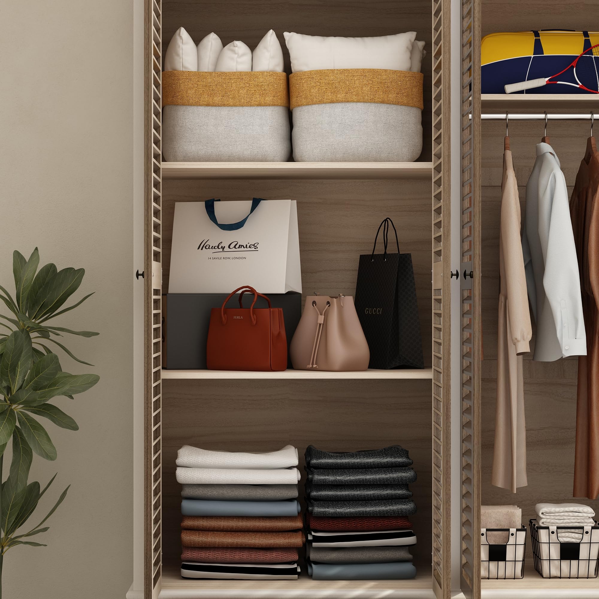 ECACAD 4 Doors Wardrobe Armoire with Louver Doors, Storage Shelves, 4 Drawers & Hanging Rod, Wooden Closet Storage Cabinet for Bedroom, Brown & White (63”W x 19.7”D x 74.8”H)