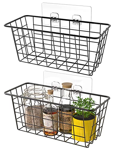 MaraFansie Hanging Kitchen Baskets Wire Storage Basket Adhesive Basket Over the Cabinet Door Organizer No Drilling, for Cabinet Pantry Organization and Kitchen, Bathroom, Storage, 2 Pack, Black