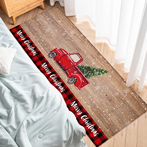 Runner Rugs And Mats 1 Pcs, Merry Christmas Red Truck with Xmas Tree Rustic Old Wooden Red Black Plaid Non Slid,Absorbent Kitchen Rug,Rubber Dots Backing Indoor Door Mat,Standing Mat 18x47.2 Inch