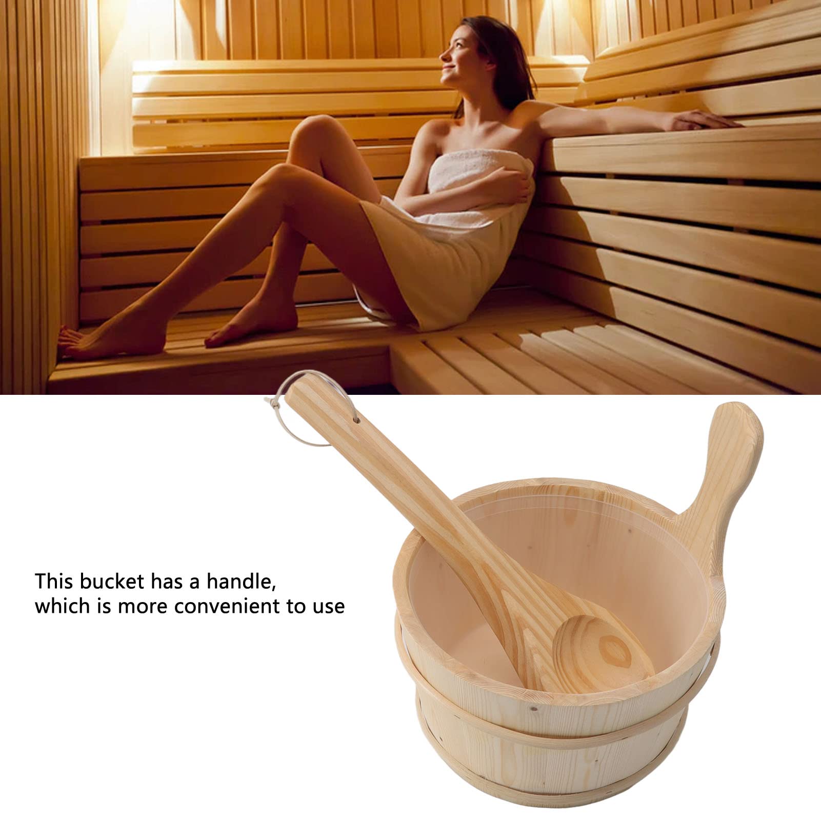 BestAlice Sauna Bucket and Ladle Set, 1 Gallon (4L) Handmade Wooden Sauna Bucket with Plastic Liner and Handle, Hot Tub Barrel Sauna Accessories for SPA Swimming Pool Massage Bathtub