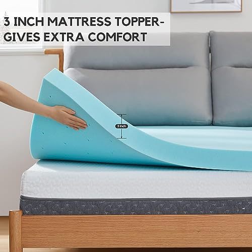 Marsail 3 Inch Memory Foam Mattress Topper, Cooling Gel Ventilated Design, Bed Topper with CertiPUR-US Certified, Queen, Blue