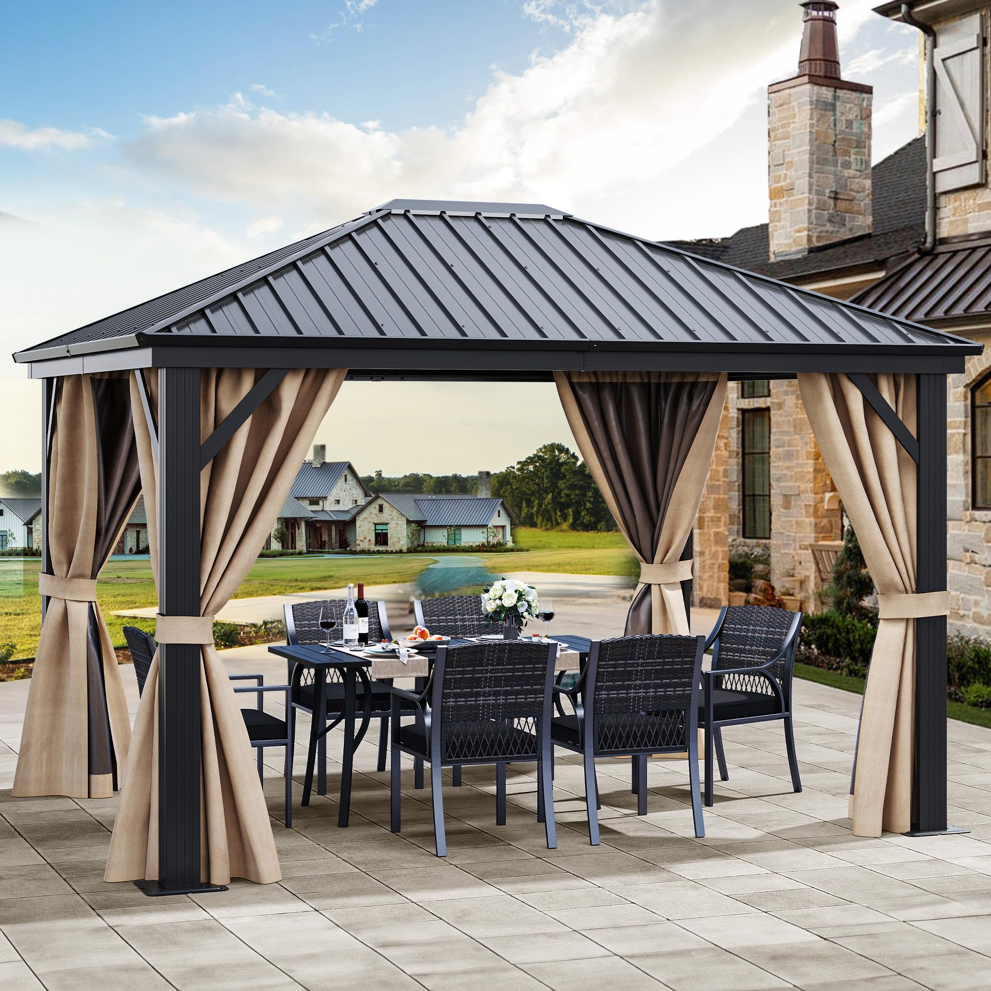 YITAHOME 10x12ft Hardtop Gazebo with Nettings and Curtains, Heavy Duty Galvanized Steel Outdoor Vertical Stripes Roof for Patio, Backyard, Deck, Lawns, Brown
