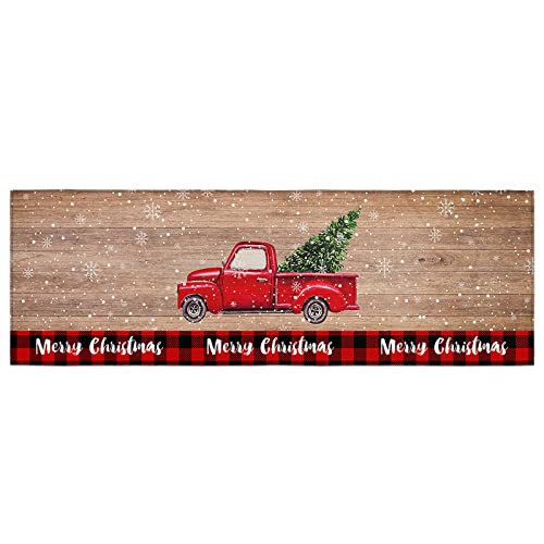 Runner Rugs And Mats 1 Pcs, Merry Christmas Red Truck with Xmas Tree Rustic Old Wooden Red Black Plaid Non Slid,Absorbent Kitchen Rug,Rubber Dots Backing Indoor Door Mat,Standing Mat 18x47.2 Inch