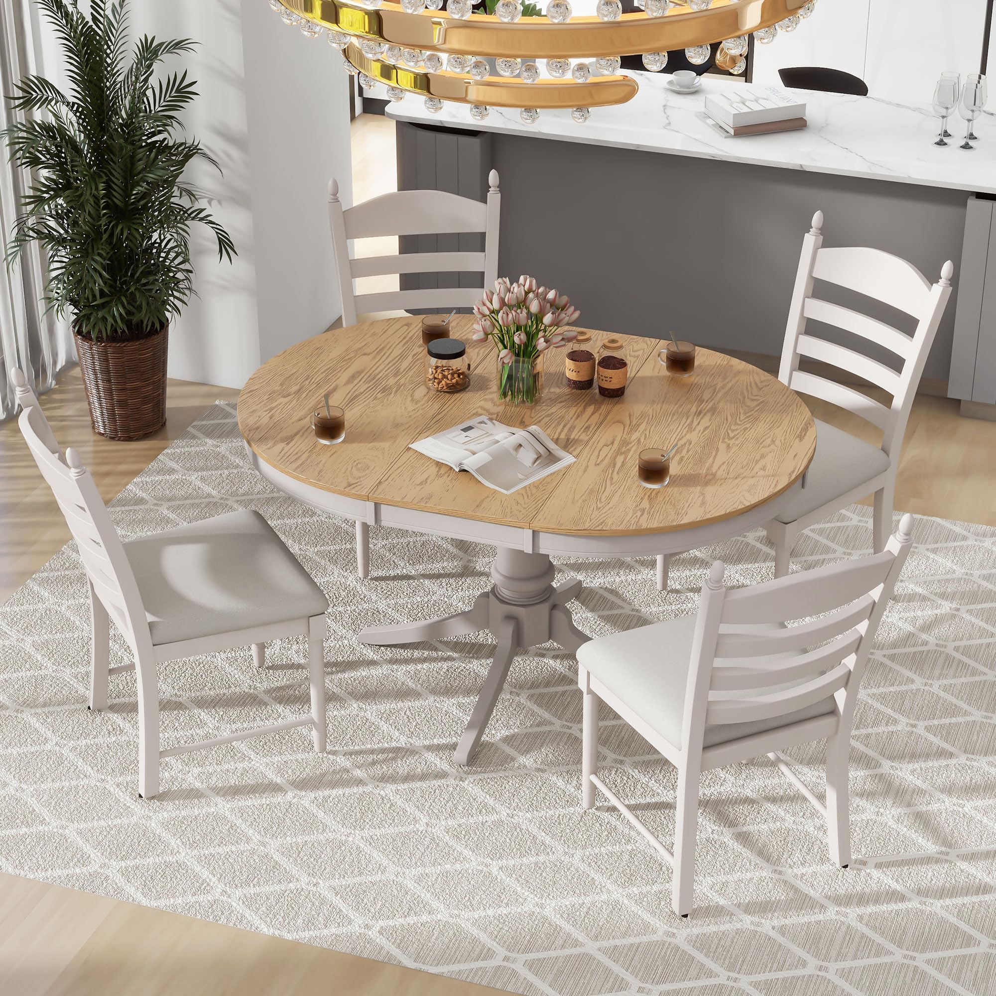 Bellemave Round Dining Room Table Set Extendable Dining Table Set for 4-6 Farmhouse Circle 5 Piece Kitchen Table and Chairs Wood Dinner Table Set for 4, Off White