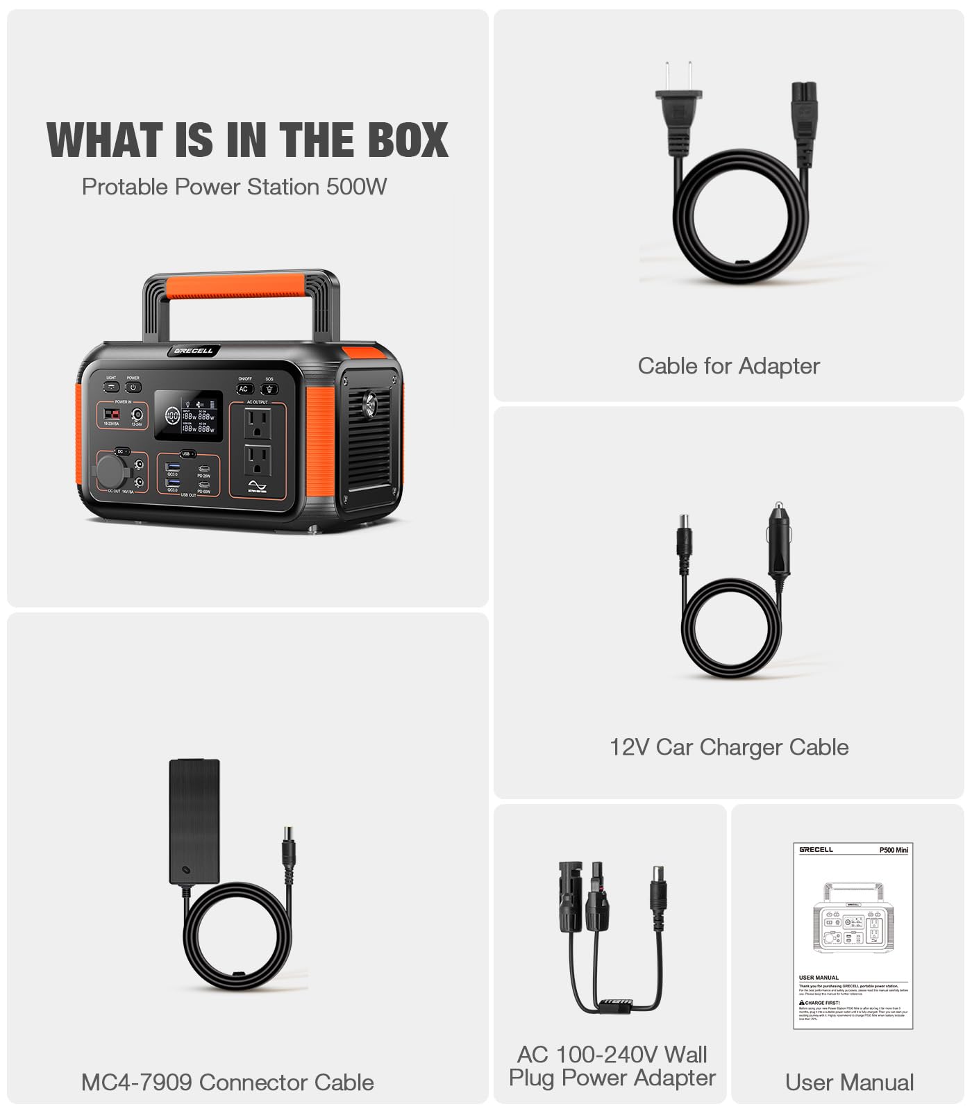 GRECELL 500W Portable Power Station 444Wh Solar Generator with 110V Pure Sine Wave AC Outlet/PD60W, 1000W Peak power station for Camping Trip RV Outdoor Home Emergency Backup & Solar Powered