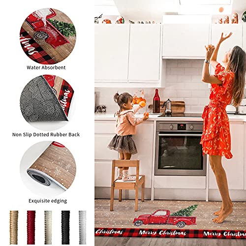 Runner Rugs And Mats 1 Pcs, Merry Christmas Red Truck with Xmas Tree Rustic Old Wooden Red Black Plaid Non Slid,Absorbent Kitchen Rug,Rubber Dots Backing Indoor Door Mat,Standing Mat 18x47.2 Inch