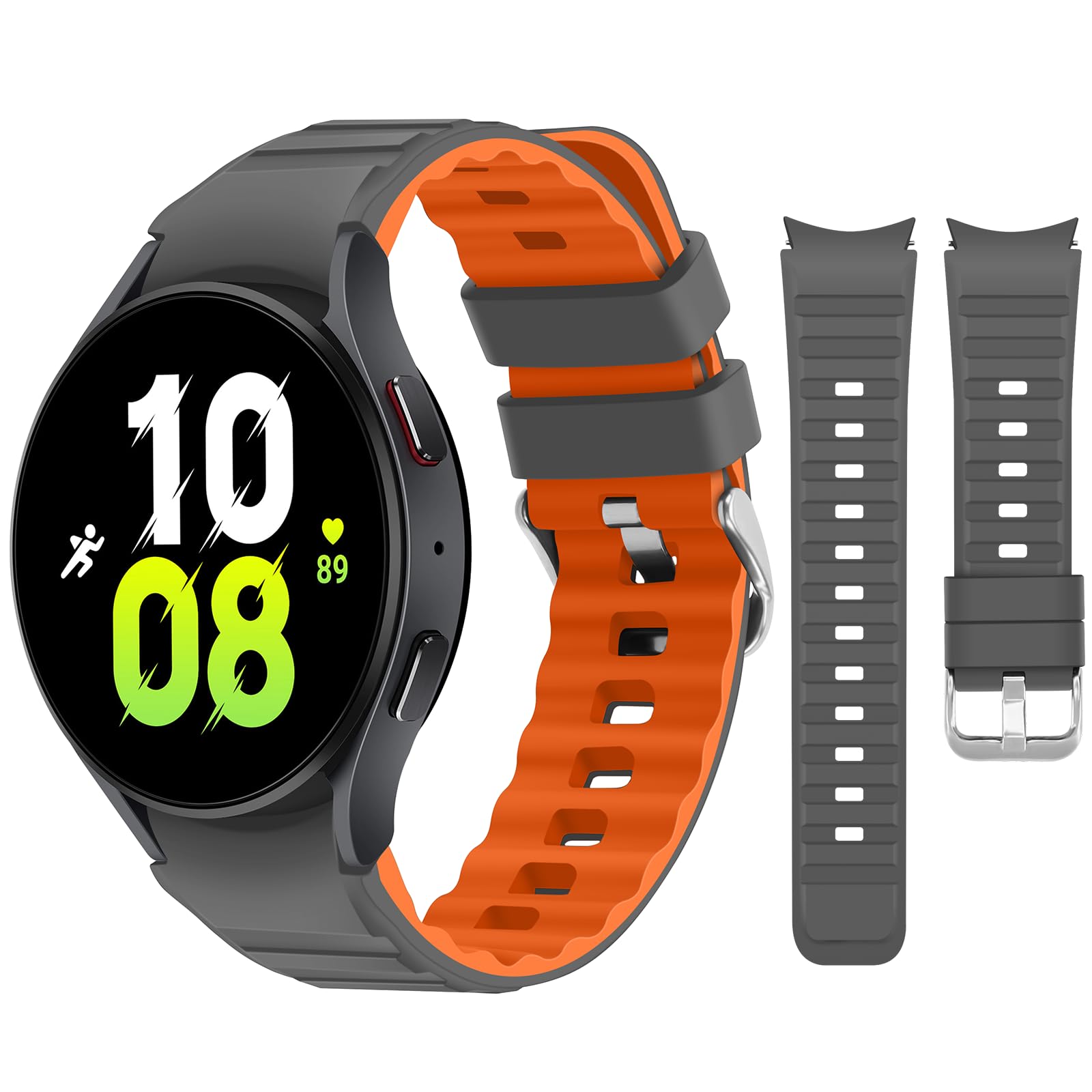 Tasikar No Gap Bands Compatible with Samsung Galaxy Watch 7/6/5/4 Band 40mm 44mm/Watch 6 Classic Band 43mm 47mm/Watch 5 Pro/4 Classic, Soft Silicone Sport Strap for Women Men, Grey Orange