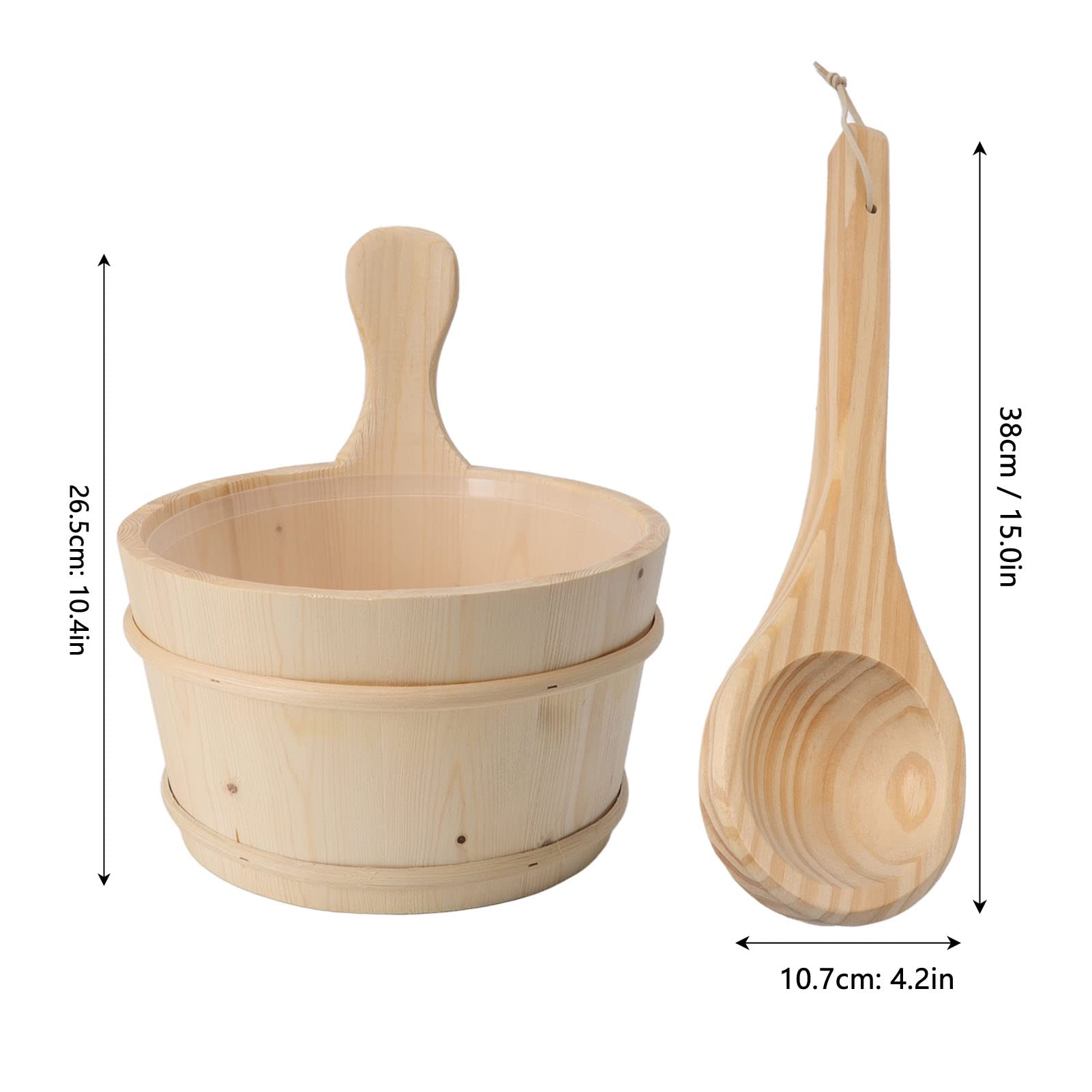 BestAlice Sauna Bucket and Ladle Set, 1 Gallon (4L) Handmade Wooden Sauna Bucket with Plastic Liner and Handle, Hot Tub Barrel Sauna Accessories for SPA Swimming Pool Massage Bathtub