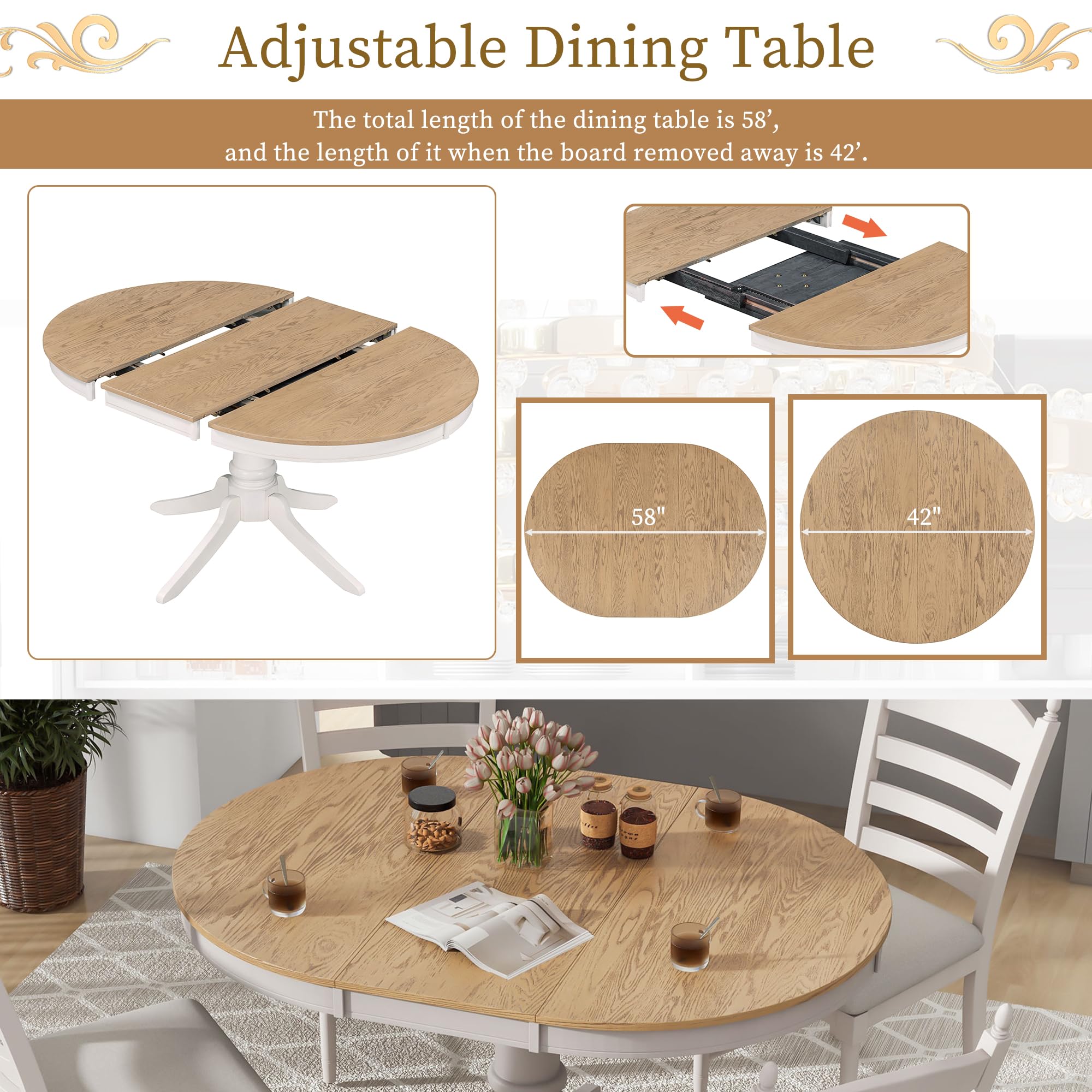Bellemave Round Dining Room Table Set Extendable Dining Table Set for 4-6 Farmhouse Circle 5 Piece Kitchen Table and Chairs Wood Dinner Table Set for 4, Off White