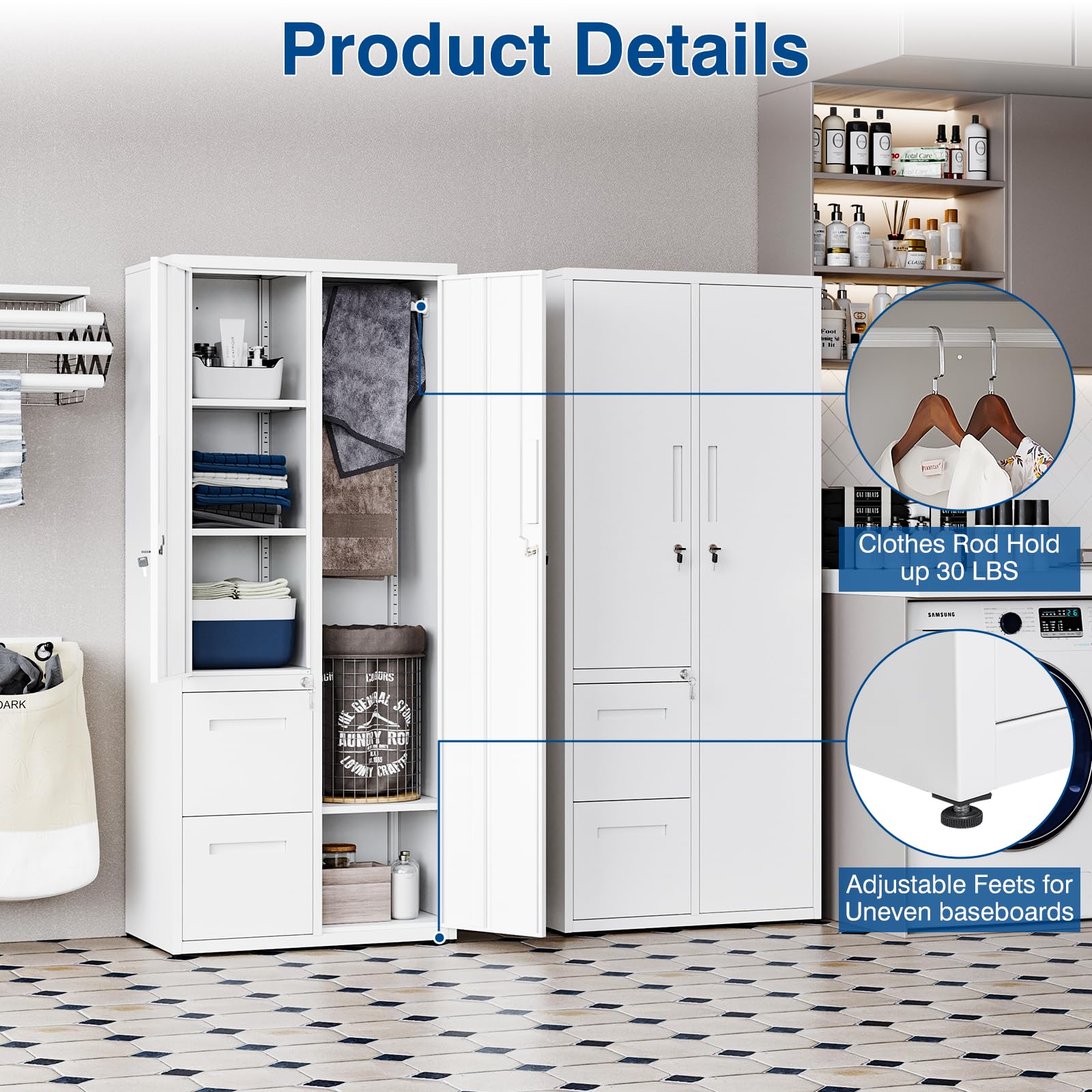 PEUKC Metal Storage Cabinets with Locking Doors, 67" Freestanding Clothing Coat Storage Wardrobe Lockers for Office, Home, School, Garage, Gym (White)