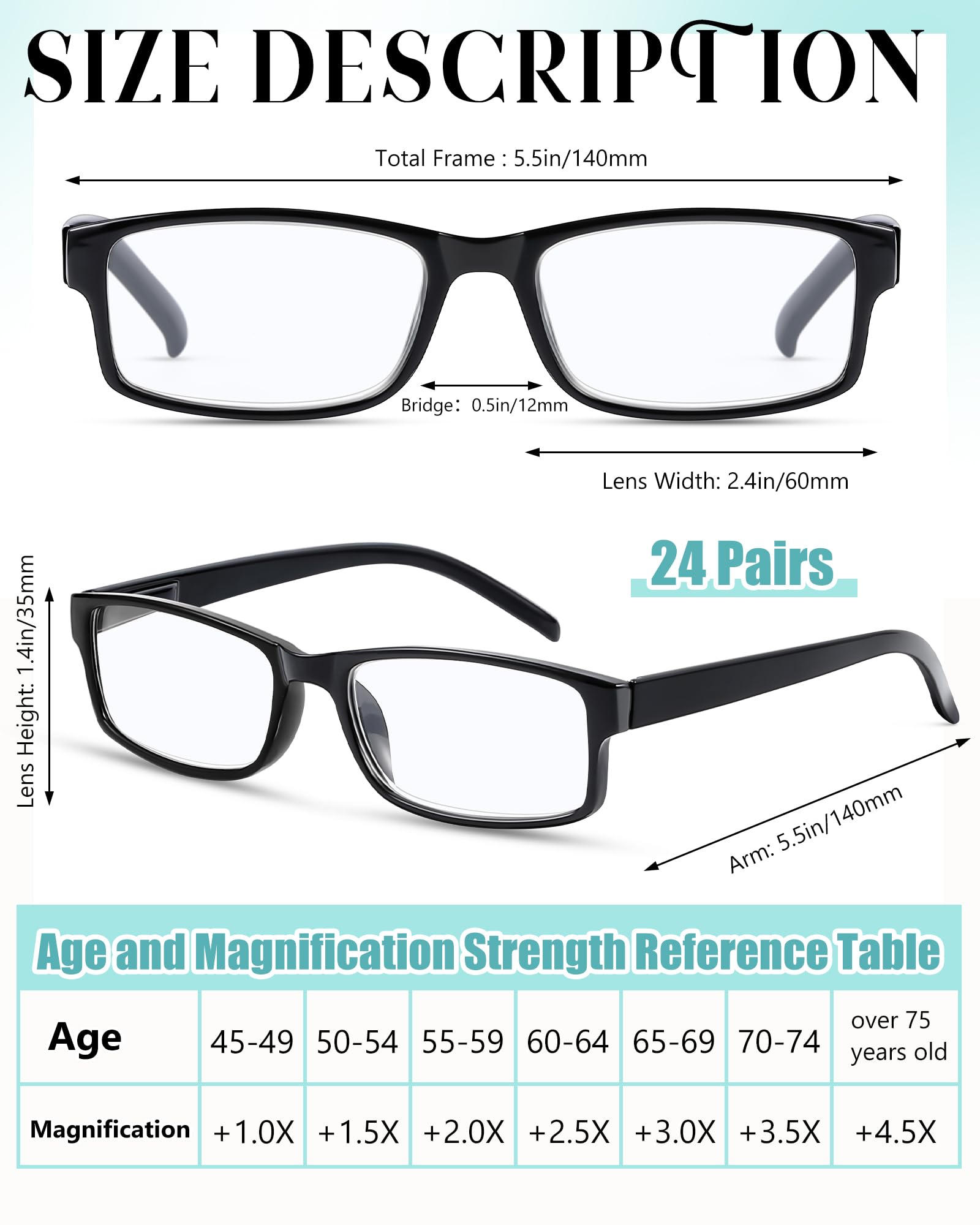 Yexiya 24 Pack Reading Glasses Bulk Adjustable Traditional Reading Glasses with Spring Hinge for Men Women(2.5 Diopters,Black Frame)