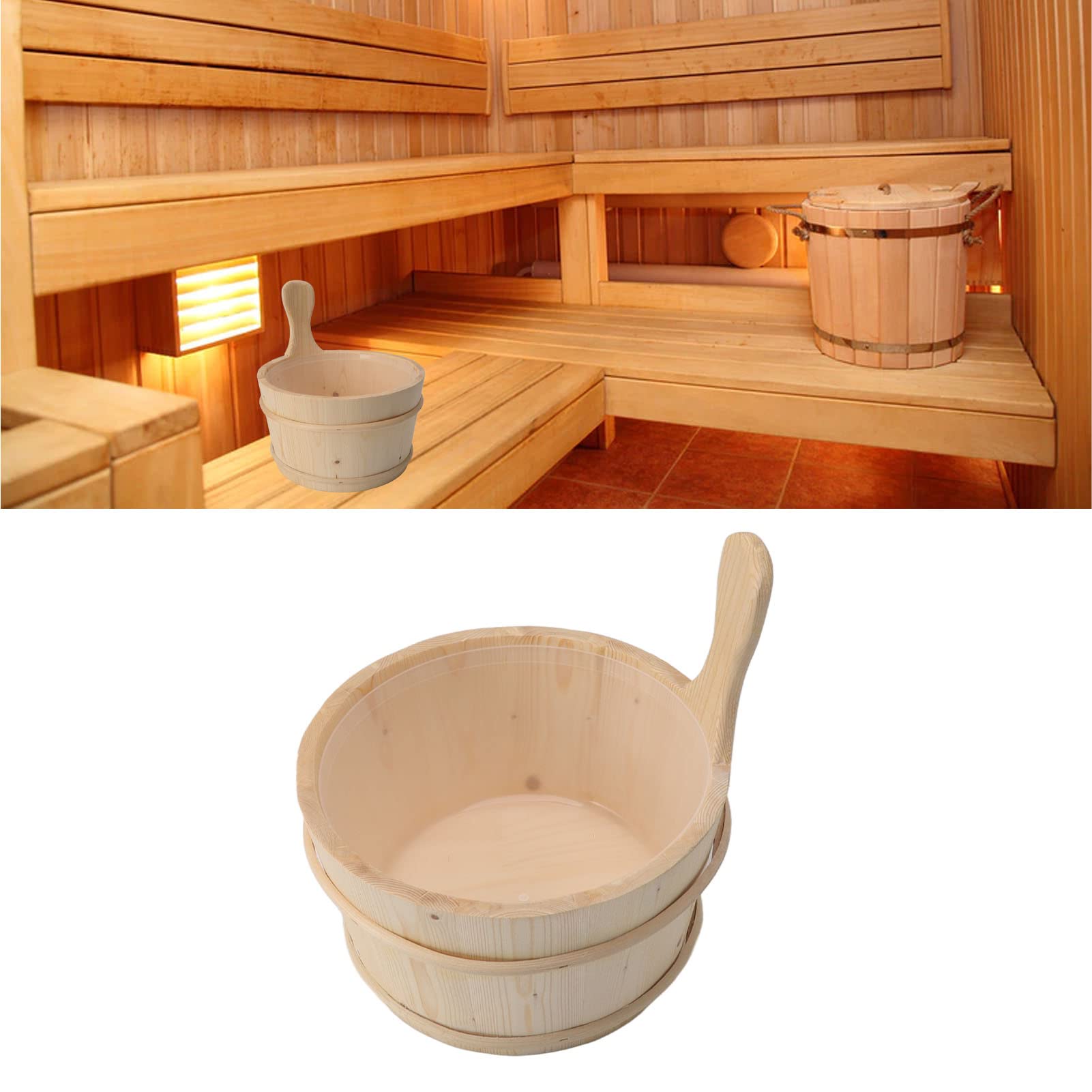 BestAlice Sauna Bucket and Ladle Set, 1 Gallon (4L) Handmade Wooden Sauna Bucket with Plastic Liner and Handle, Hot Tub Barrel Sauna Accessories for SPA Swimming Pool Massage Bathtub