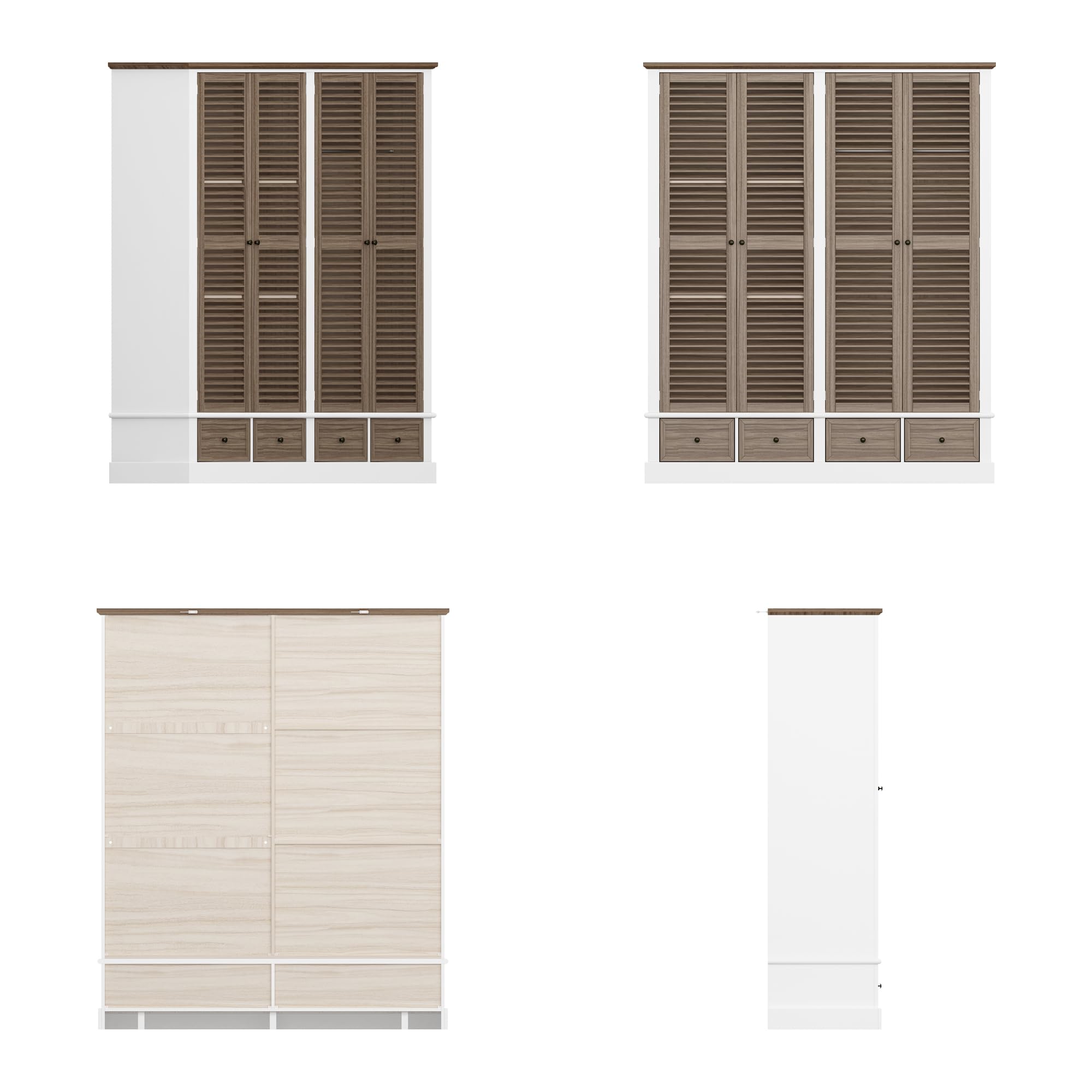 ECACAD 4 Doors Wardrobe Armoire with Louver Doors, Storage Shelves, 4 Drawers & Hanging Rod, Wooden Closet Storage Cabinet for Bedroom, Brown & White (63”W x 19.7”D x 74.8”H)