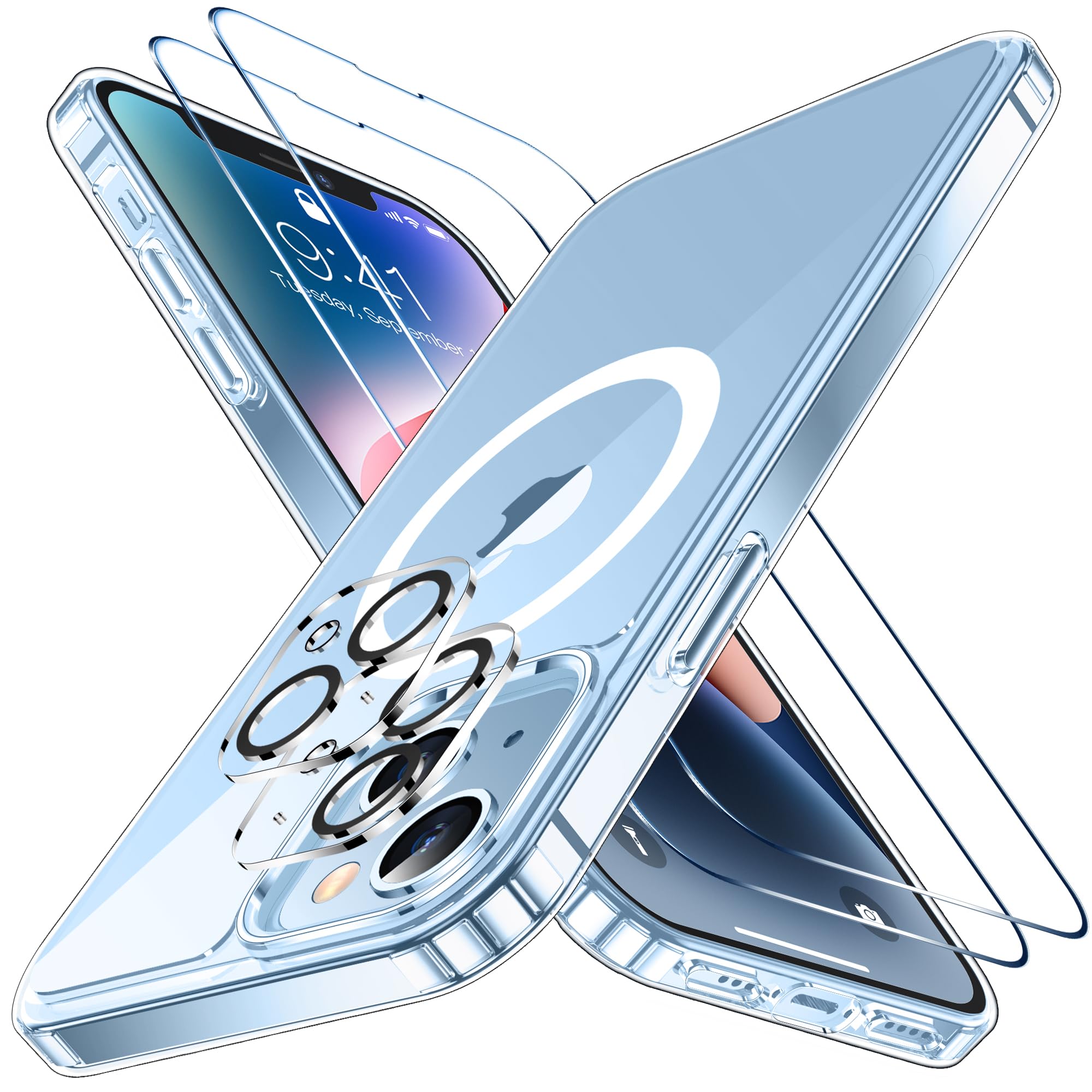 SPIDERCASE for iPhone 14 Case/iPhone 15 Case, [15 FT Military Grade Drop Protection] Magnetic [Crystal Clear] 2 Pack [Tempered Glass Screen Protectors+Camera Lens Protectors] Slim Case, Clear