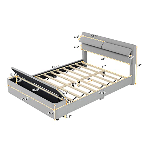 DEYOBED Queen Size Upholstered Platform Bed Frame Bedroom Furniture with Trundle and 2 Storage Drawers - No Box Spring Needed