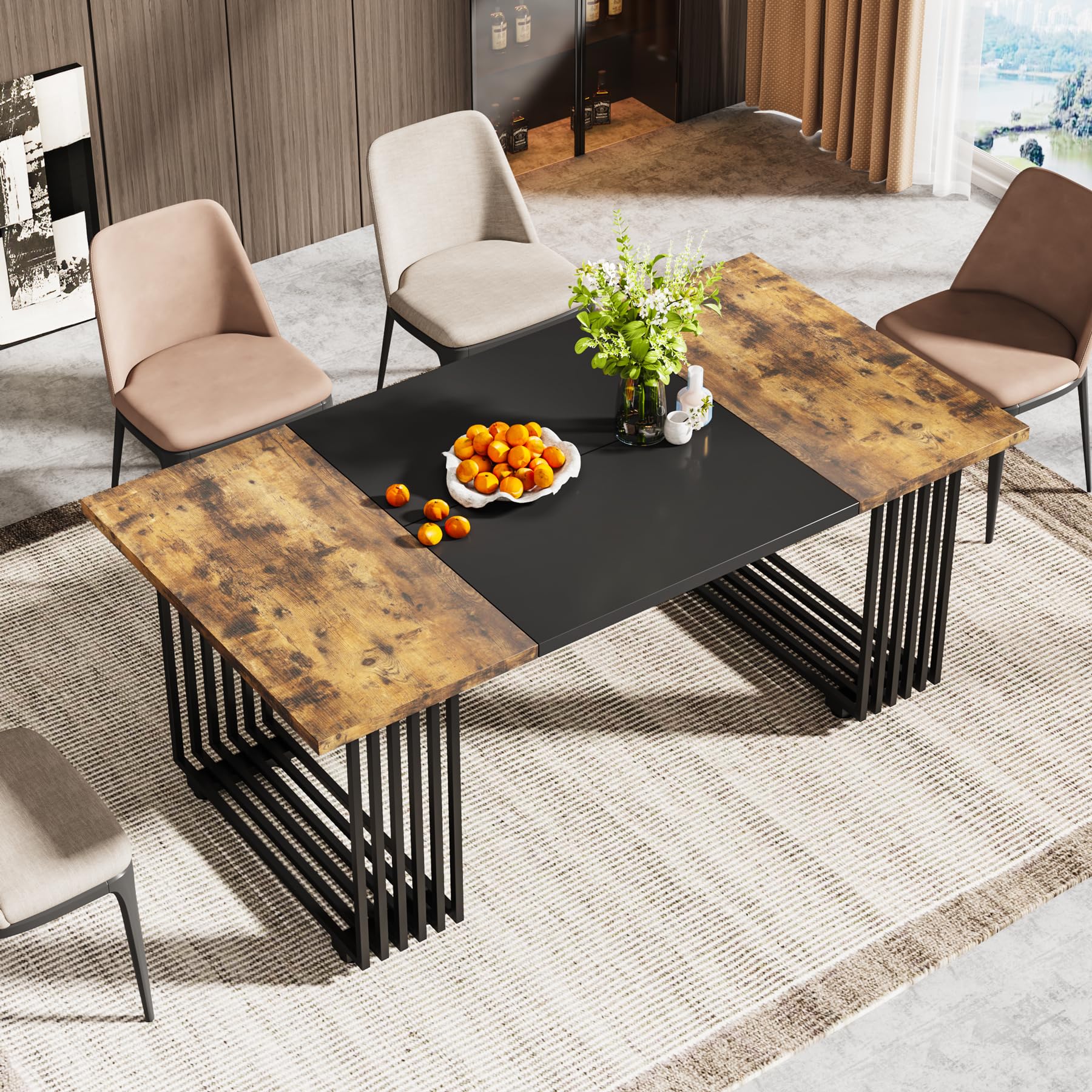Tribesigns Dining Table for 6-8 People, 70.8'' Long Industrial Dining Room Table for Kitchen, Wood Kitchen Table with Black Metal Legs, Brown