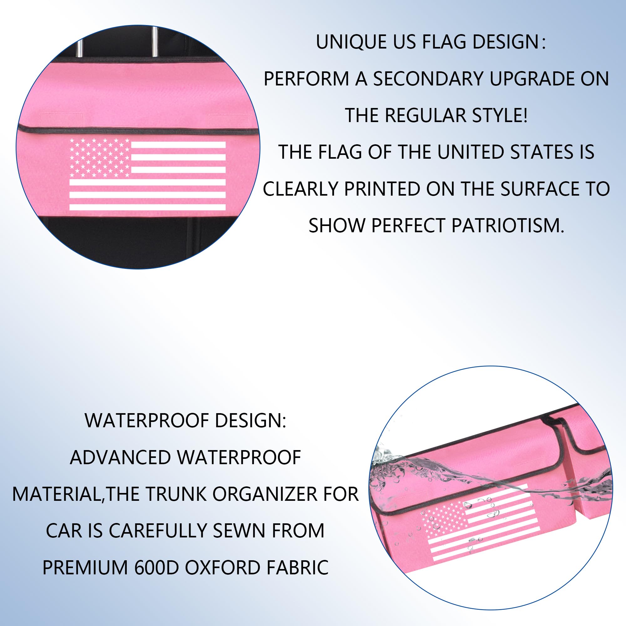 Salior Trunk Organizer for Car,Unique US Flag Backseat Car Organizer with 4 Large Capacity Pocket,Waterproof Car Trunk Storage Organizer Hanging on Car Truck SUV MPV Rear Seat (Pink)