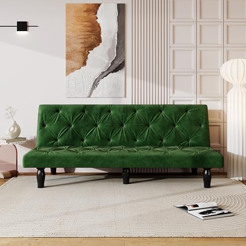 Livavege Convertible Futon Sofa Bed, 66" Velvet Upholstered Sleeper Couch Daybed with Adjustable Backrest for Studio, Apartment, Office, Small Space, Compact Living Room, 66 INCH, Green