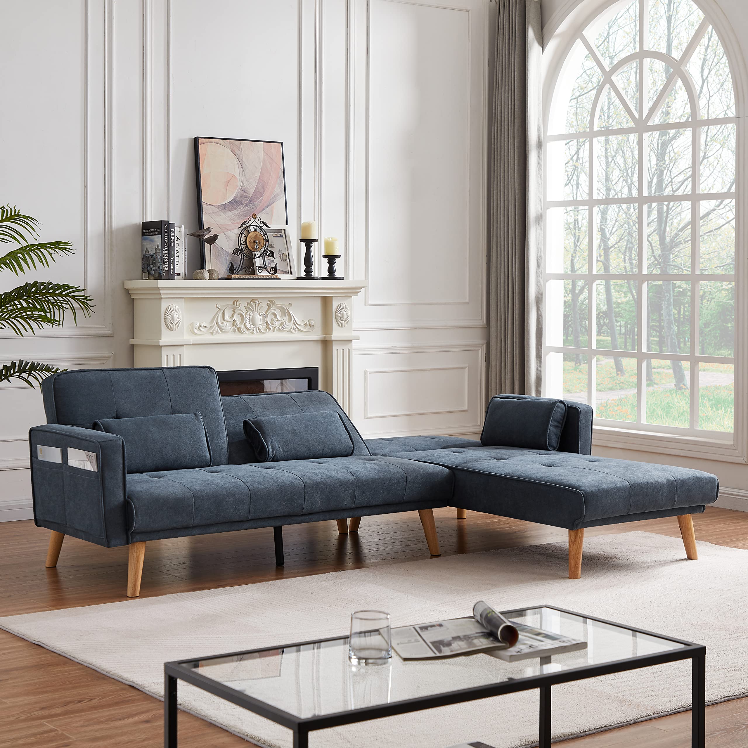 Eafurn L-Shaped Convertible Sectional Sofa with Chaise Lounge and Adjustable Spilt Backrest,3 Seater Soft Velvet Sleeper Couch Bed with Wooden Legs,Tufted Corner Sofa & Couch with Throw Pillows