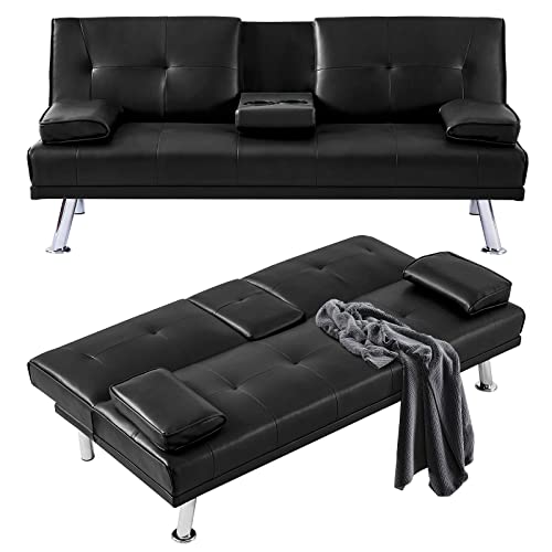 Lamerge Sofa Bed with 2 Cup Holders,PU Leather Convertible Upholstered Folding Sofa,67" L Multi-Functional Futon Sofa Couch for Small Space, Apartment,Dorm, Removable Armrest,Black