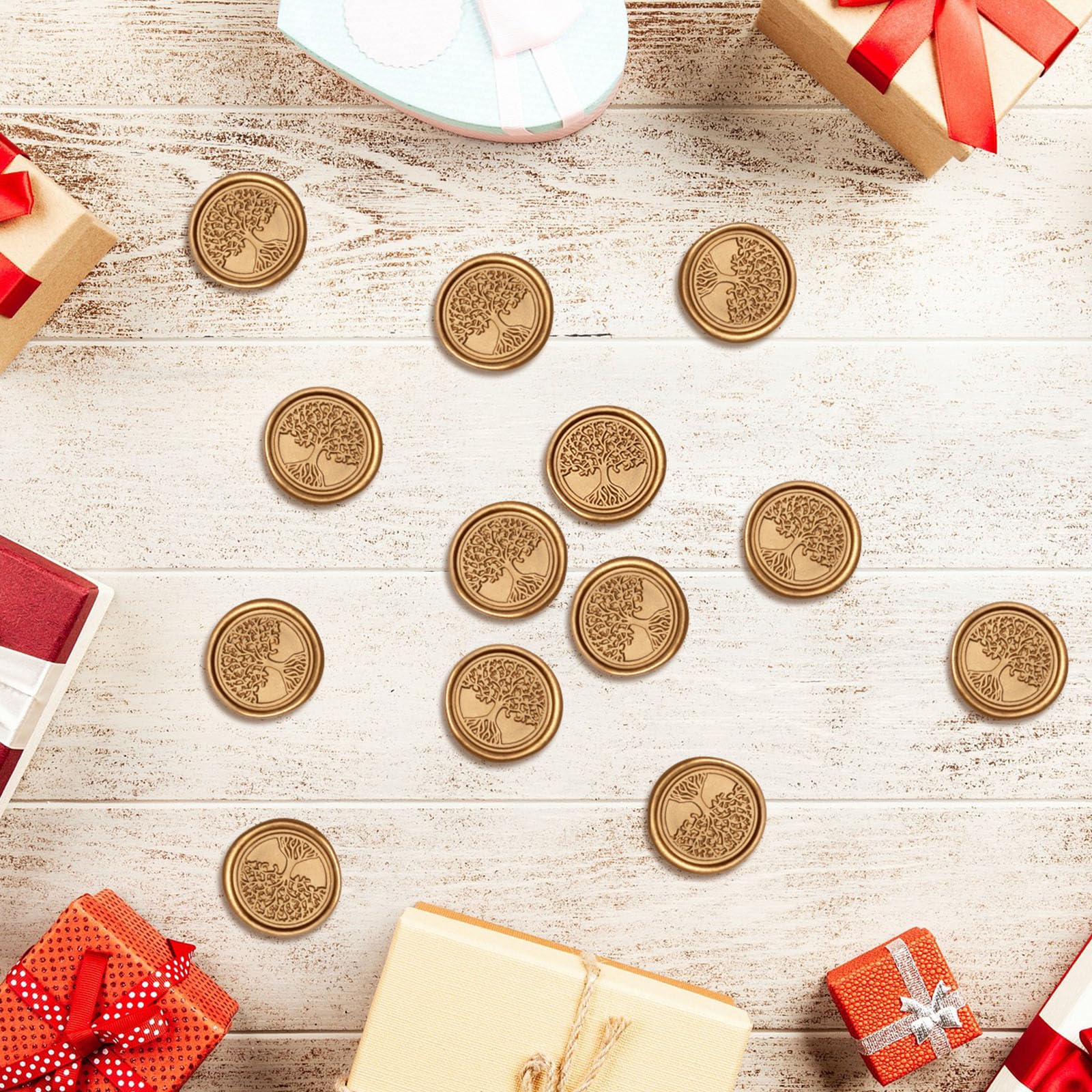 50 Pcs Gold Wax Seal Stickers, Gold Adhesive Envelope Sealing Stickers Decoration for Christmas Gift, Wedding Invitaion, Birthday Party (Life Tree Style)