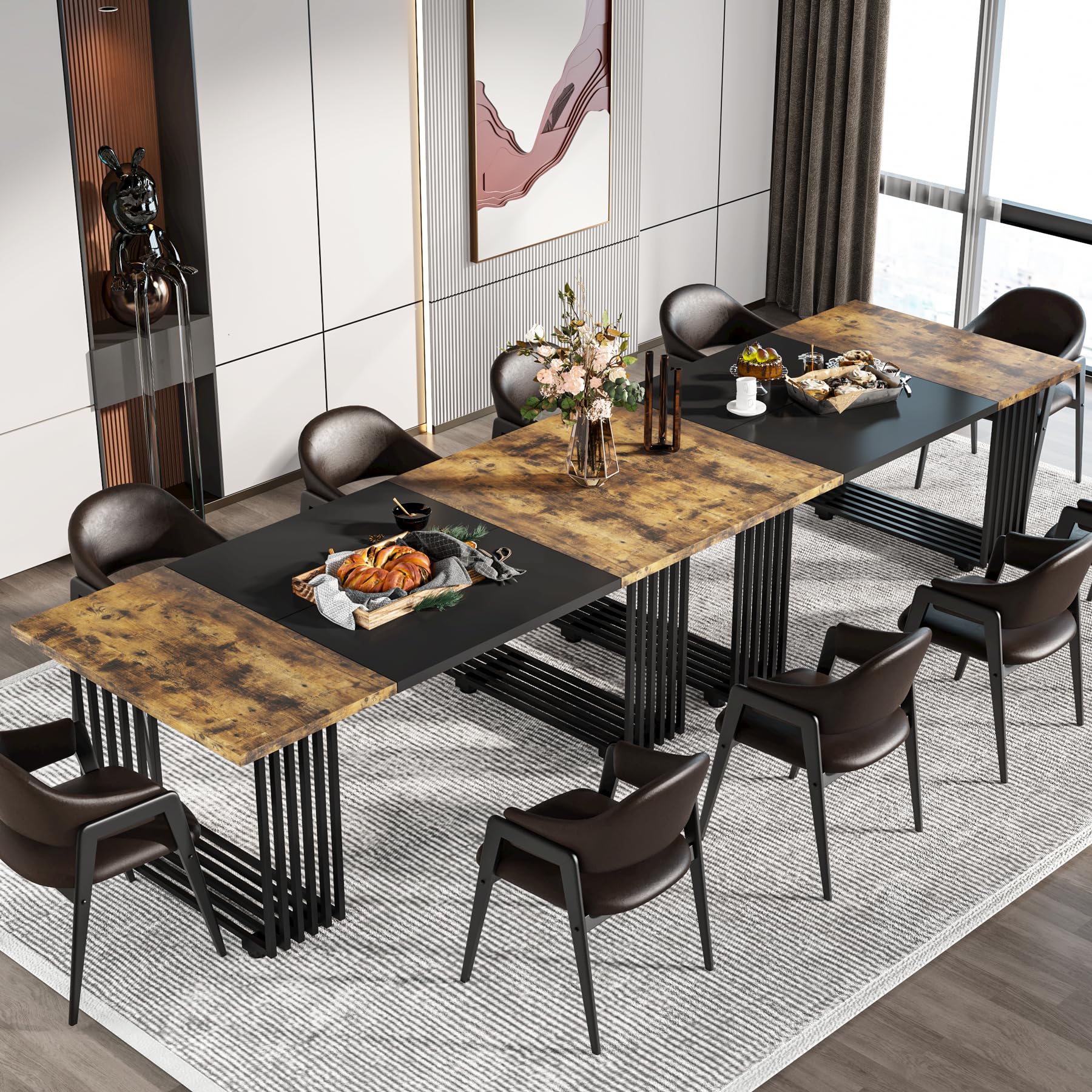 Tribesigns Dining Table for 6-8 People, 70.8'' Long Industrial Dining Room Table for Kitchen, Wood Kitchen Table with Black Metal Legs, Brown